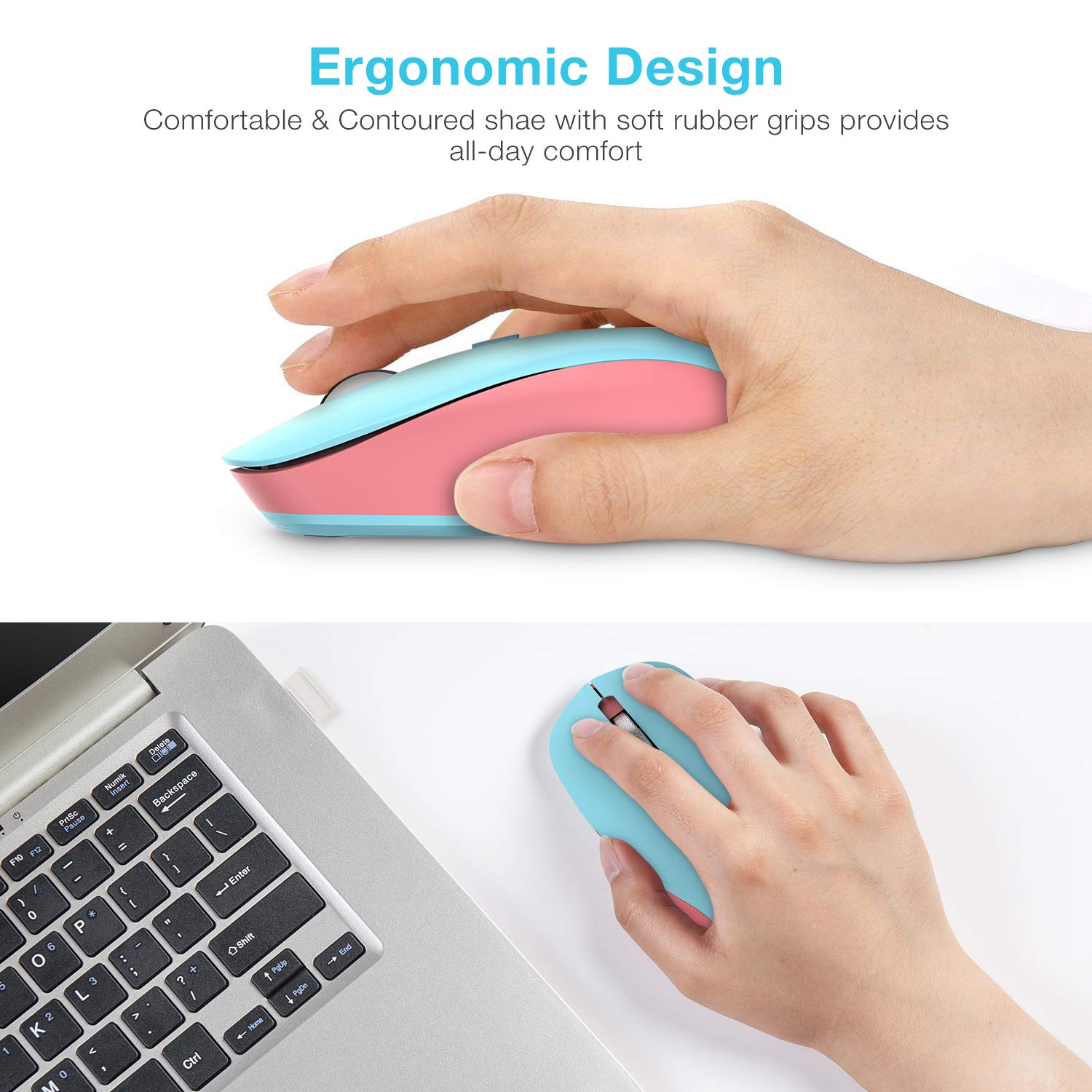 seenda Wireless Mouse for Laptop, 2.4G Cordless Computer Mice Silent Clicking with 3 Adjustable DPI for PC Notebook Desktop MacBook with USB Ports, Blue and Pink