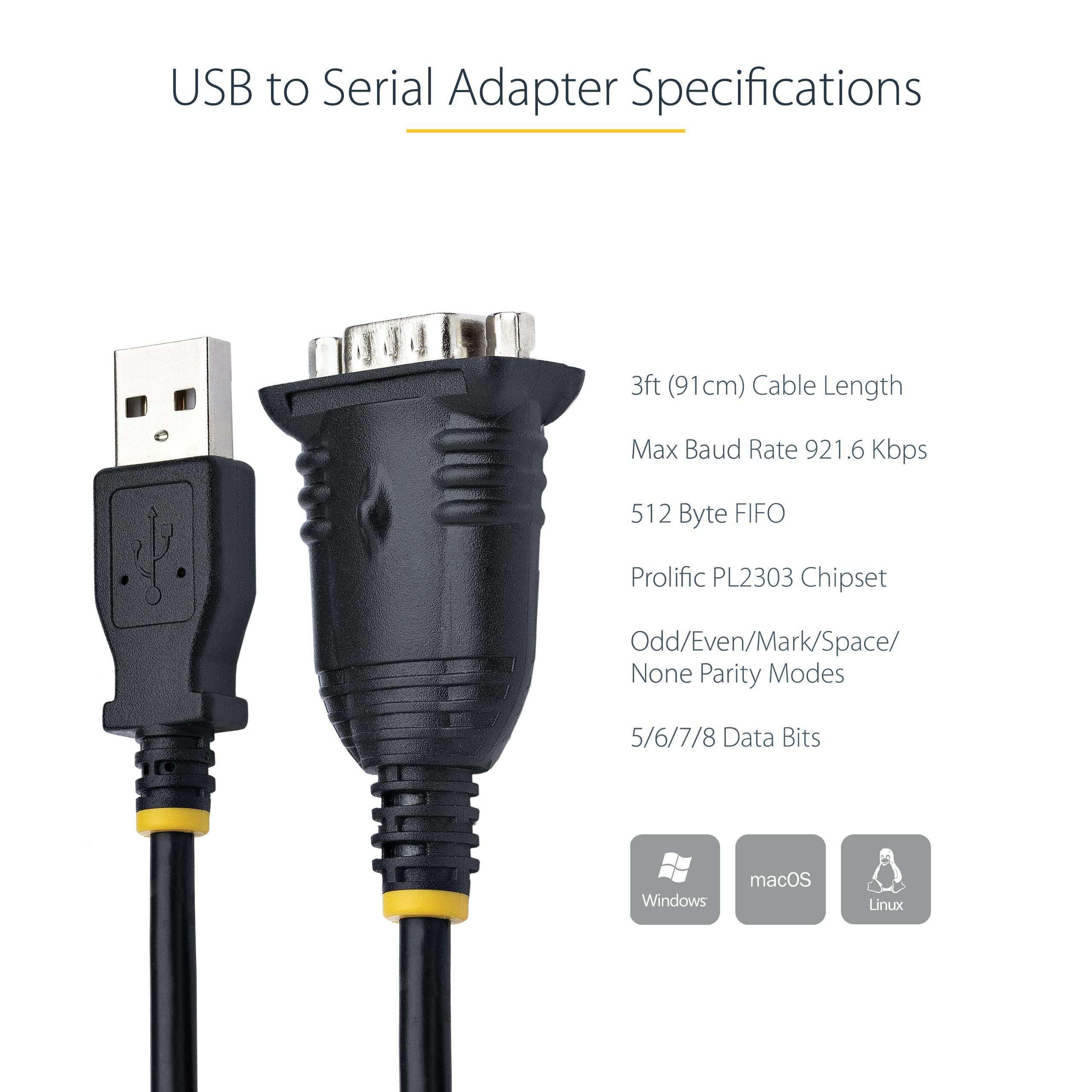 StarTech.com 3ft (1m) USB to Serial Cable, DB9 Male RS232 to USB Converter, Prolific IC, USB to Serial Adapter for PLC/Printer/Scanner/Switch, USB to COM Port Adapter, Windows/Mac (1P3FP-USB-SERIAL)