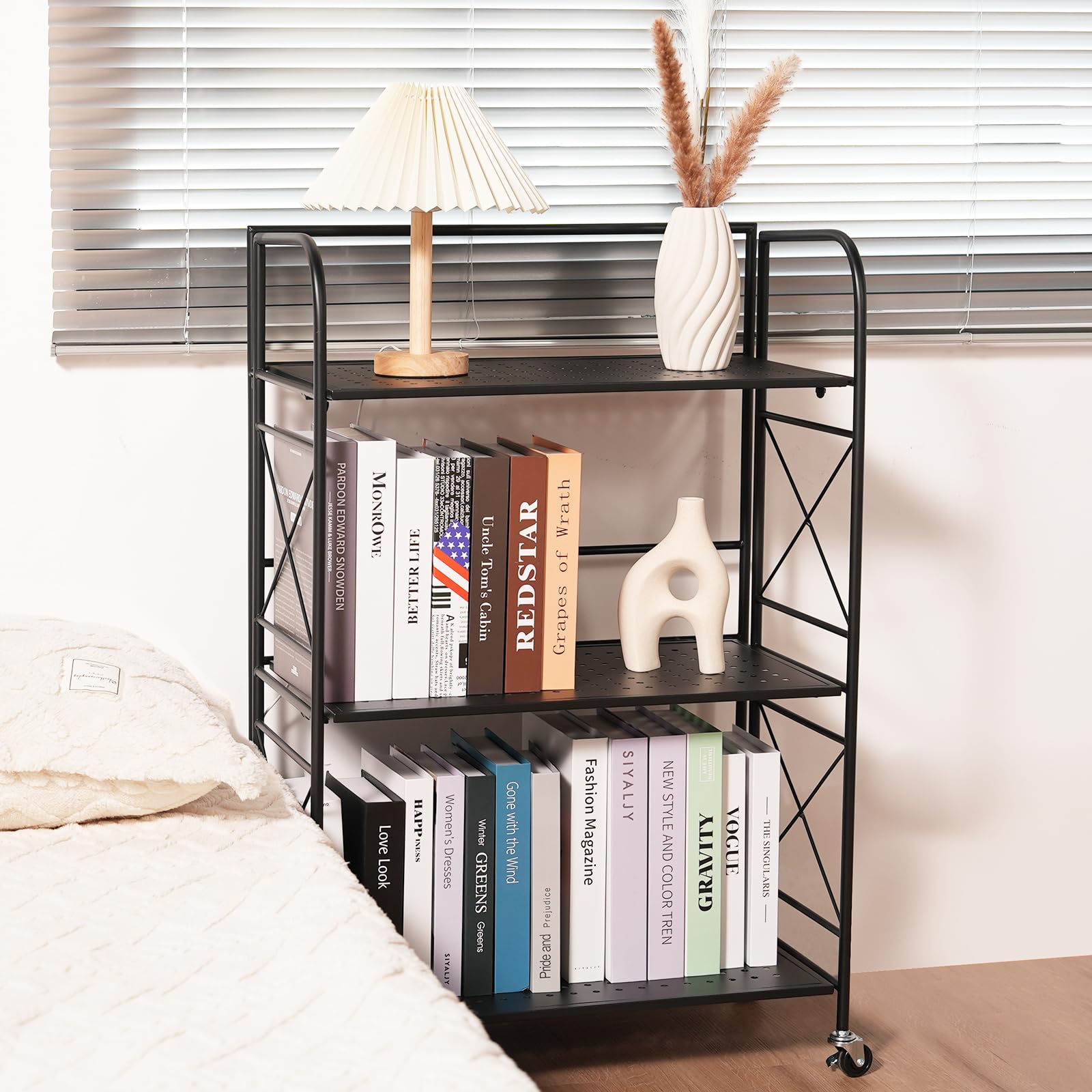 villertech Folding Shelf 5 Tier,Folding Bookshelf,Foldable Shelf,Metal Folding Storage Shelves with Wheels,Folding Shelf Unit for Living Room,Kitchen,Study, 12.6" D x 23.6" W x 57.0" H, Matte Black