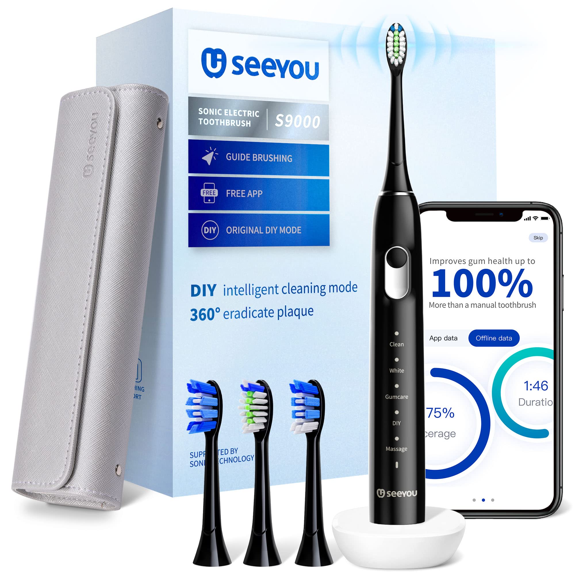 SEEYOU Electric Toothbrush for Adults, Rechargeable Sonic Toothbrush with App and 3 Brush Heads, 5 Modes 4 Mins Smart Timer, 10X Cleaning Toothbrush- Black