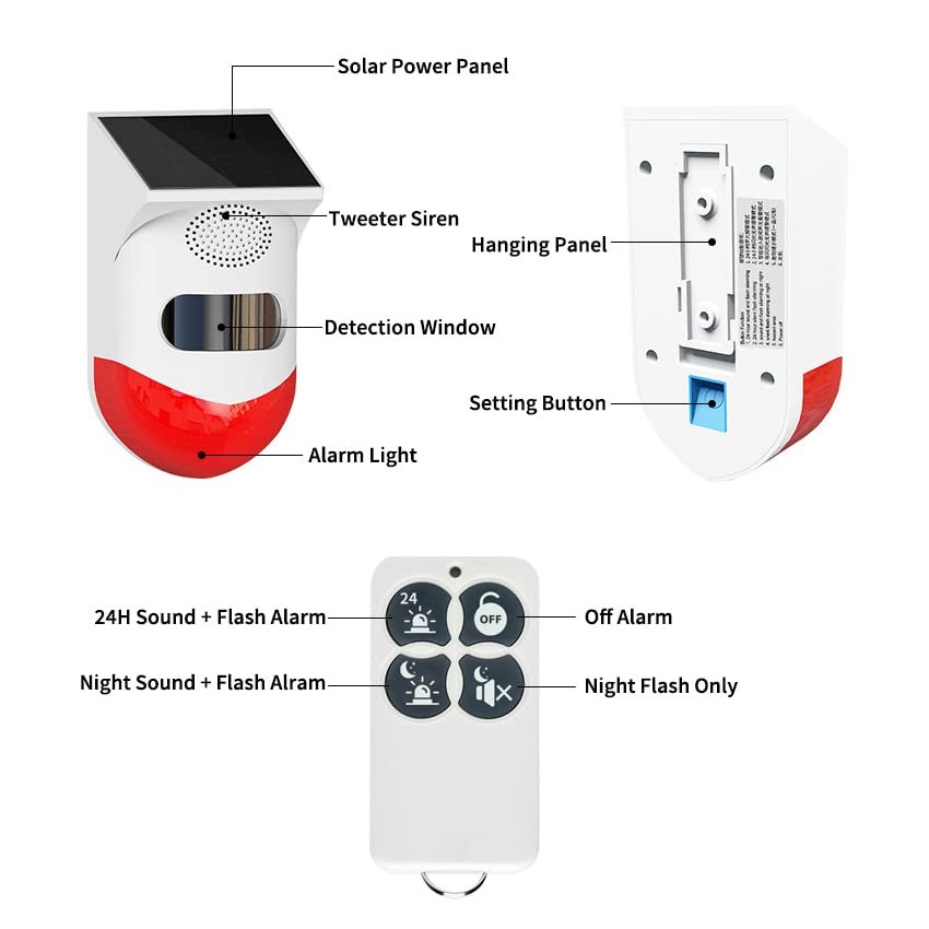 Solar Alarm Motion Detector Outdoor Alarm Siren with Remote Controller for Home Farm Barn Villa Yard 2 Packs