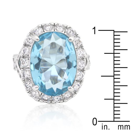 Kate Bissett Rhodium Plated Blue Topaz Oval Cocktail Ring with Faceted Blue Topaz Center CZ Size 8