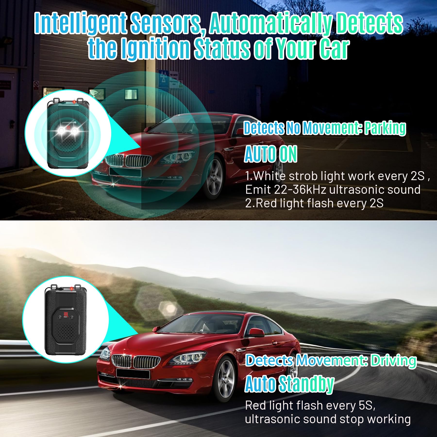 Ultrasonic Mouse Deterrent for Cars and Indoor 4 Packs, Battery Operated Mouse Squirrel Deterrent with Strobe Light, Smart Detection Keep Mice Out of Car, Boat Garage Attic Barn