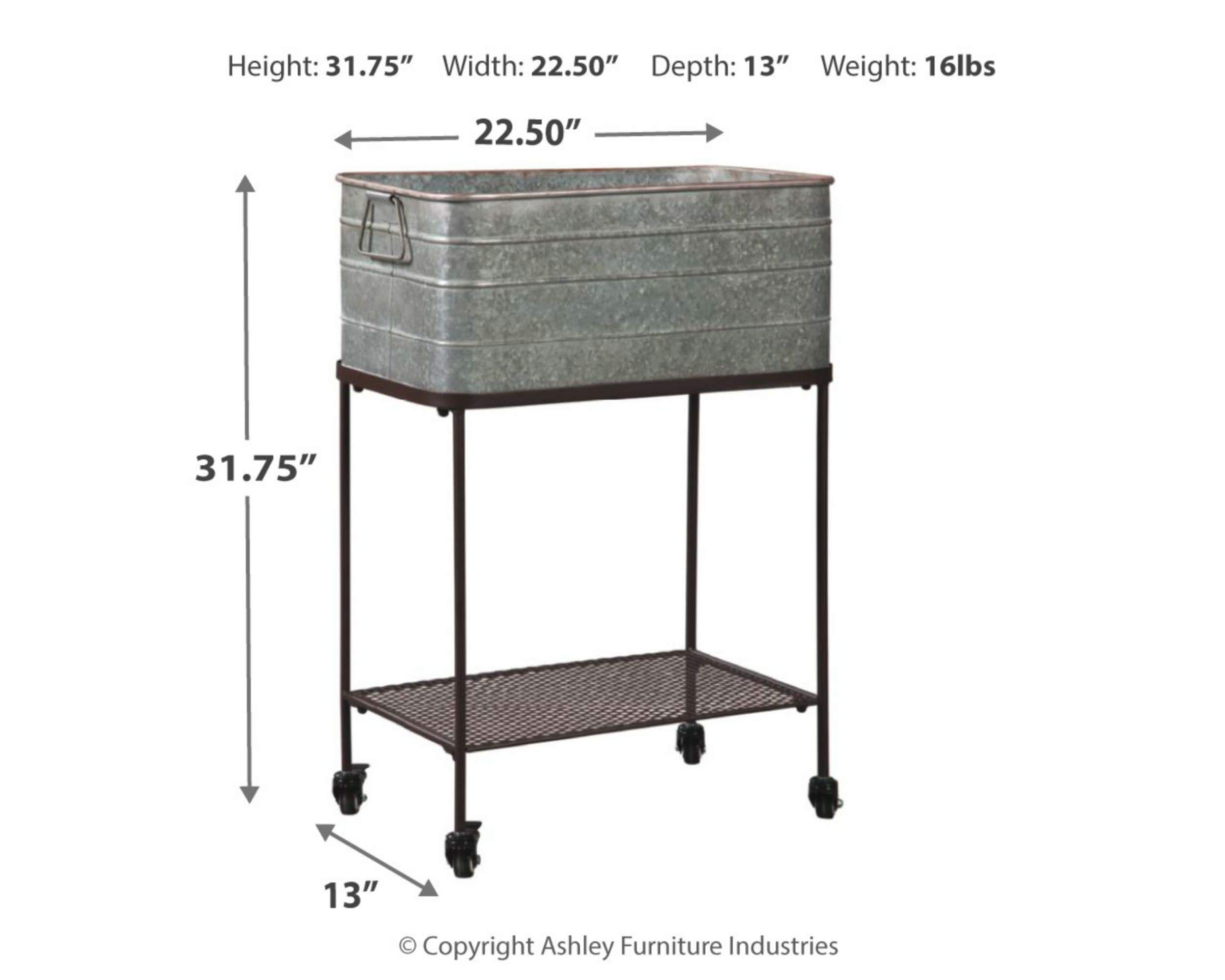 Signature Design by Ashley Vossman Galvanized Metal Beverage Tub with Caster Wheel Stand, Antique Gray