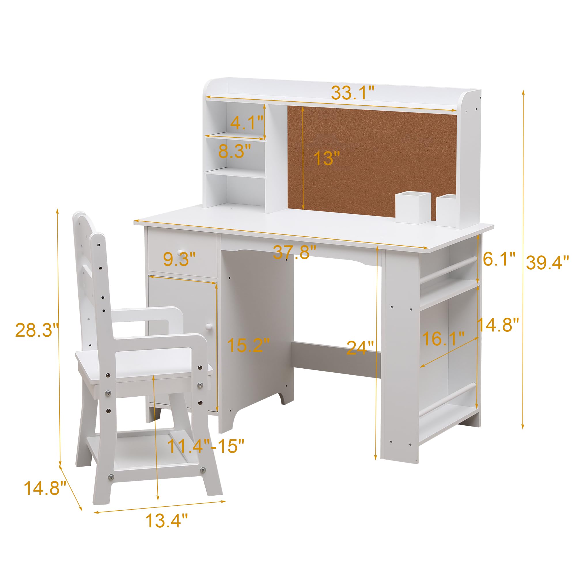 White Study Desk and Chair Set with Bookshelf, Bulletin Board, and Cabinets - Ideal for Boys and Girls Ages 3-8