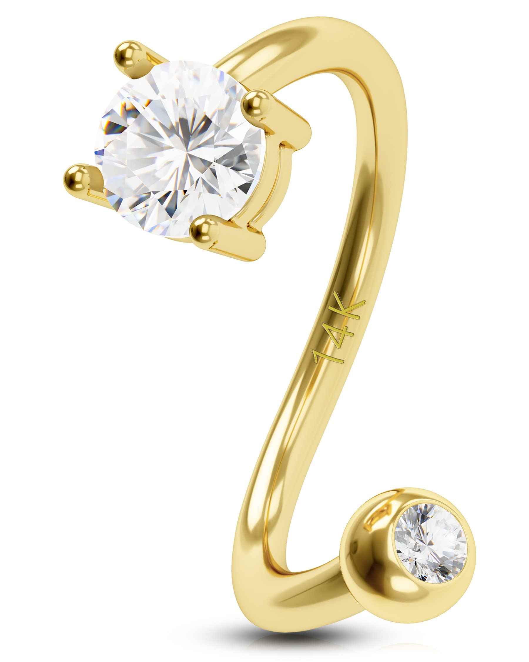 OUFER 16G Twist Helix Earring, 14K Solid Gold Round Shaped Clear CZ Twist Lip Ring, Labret Conch Rook Upper Lobe Piercing Jewelry For Women And Men