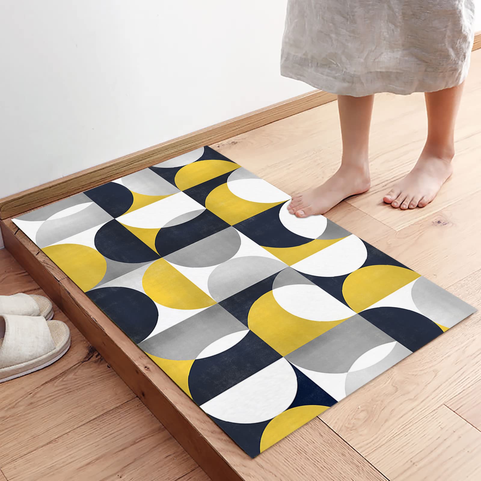 Middle Ages Kitchen Rug Set 2 Piece, Non Slip Kitchen Rugs and Mats Cushioned Anti Fatigue Kitchen Floor Mat Comfort Standing Kitchen Mat Set Yellow Grey Geometric Circle Vintage Art Pattern