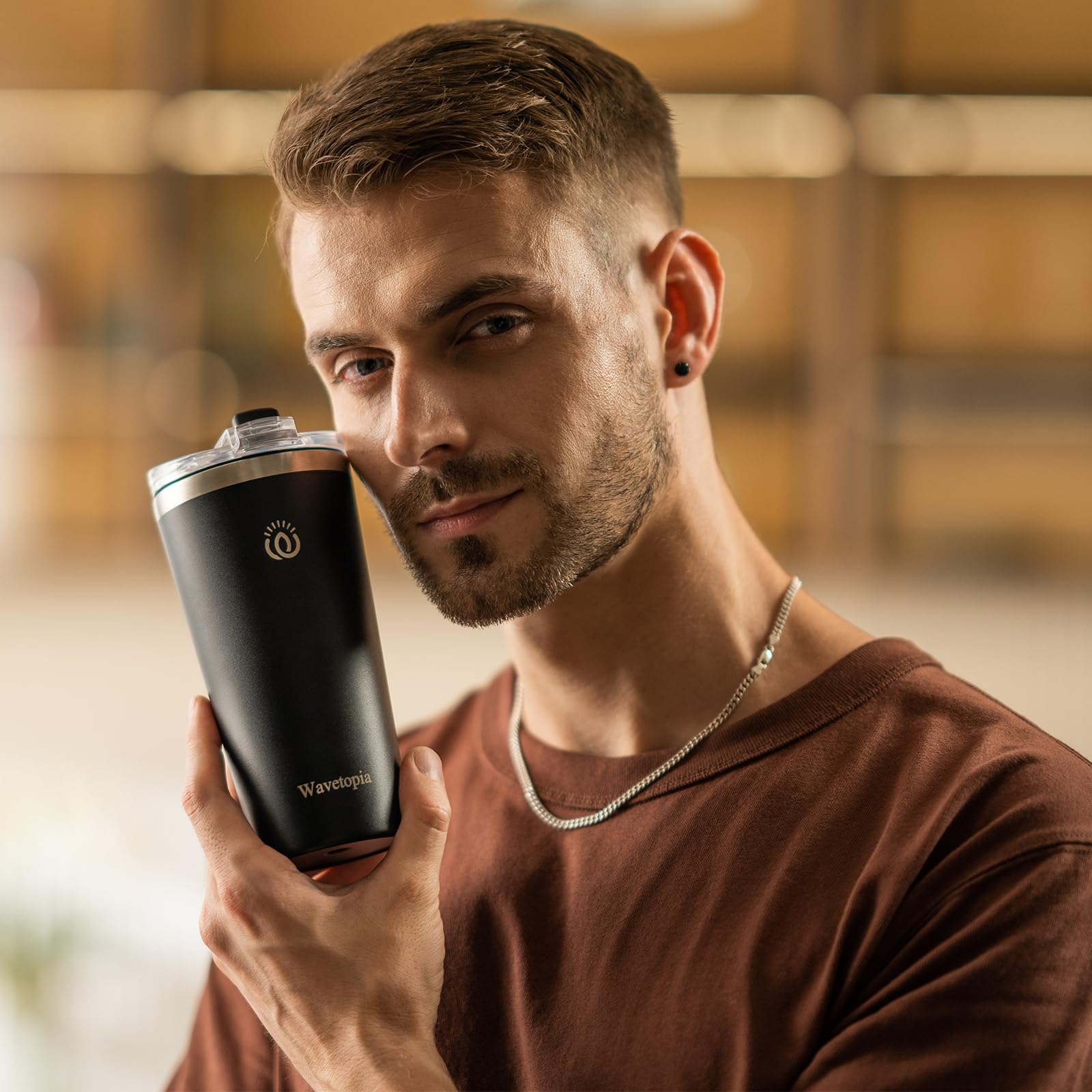 Wavetopia Insulated Coffee Mug with Lid, Reusable Stainless Steel Travel Coffee Cup, 16 Oz Double Wall Vacuum Spill Proof Tumbler Cups for Men and Women Hot & Cold Drinks(Black)