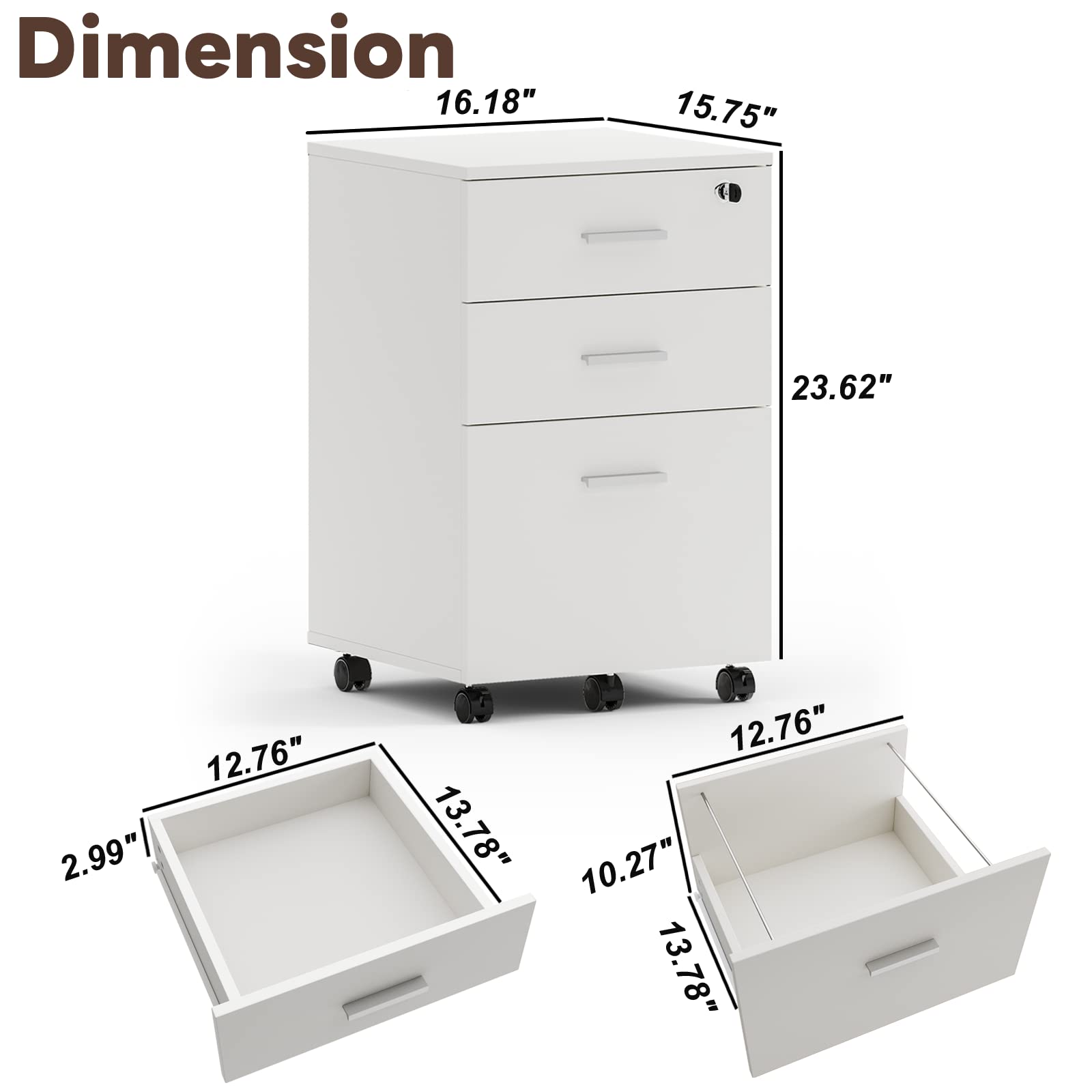 Maxtown 3 Drawer File Cabinet, Wood Filing Cabinet for Home Office, File Cabinet Office Drawer with Lock, Rolling Filing Cabinet for A4/Letter Size, White