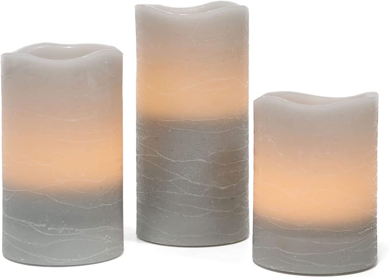 Rhytsing Grey Battery Operated Flameless Led Candles with Timer Function, Warm White Light, Real Wax Finish, 6 Batteries Included - Set of 3