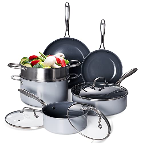 Non-Stick Pots and Pans Set 13pcs Cookware Set, Steamer Basket, Stockpot with Lid, Saucepan with Lid, Fry Pan, Saute Pan for Daily Cooking, Grey