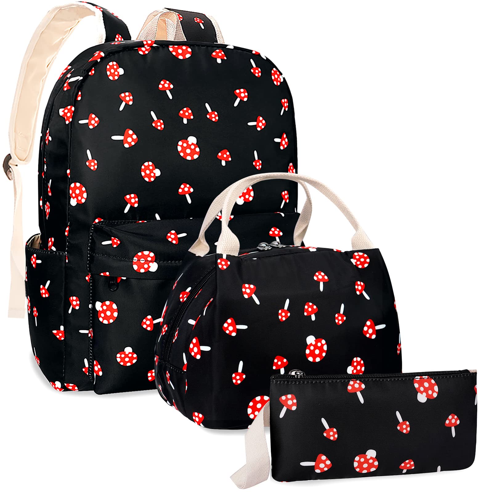 MCWTH Mushroom School Backpack for Girls, Kids Teen School Bags Bookbags with Lunch Box and Pencil Case