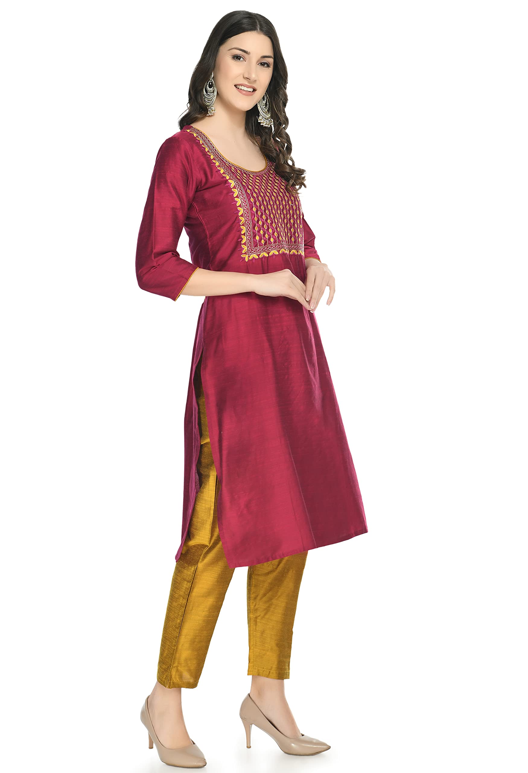 Lagi Women Straight Embroiderd Poly Silk Kurti Dupatta with Pant Set, Magenta (XL)