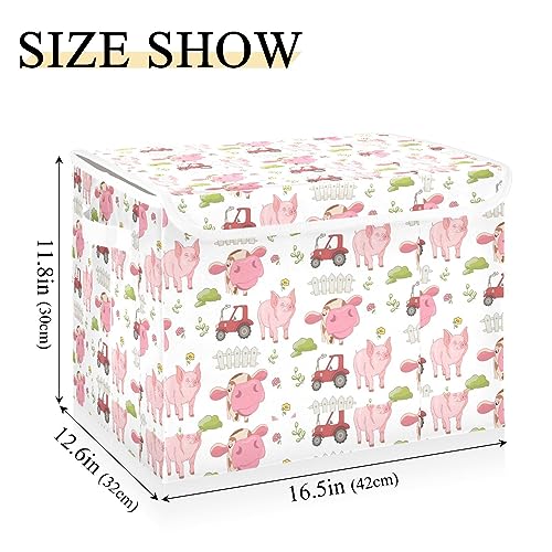 Krafig Foldable Storage Box Large Cube Organizer Bins Cute Farm Cow Pig Containers Baskets with Lids Handles for Closet Organization, Shelves, Clothes, Toys