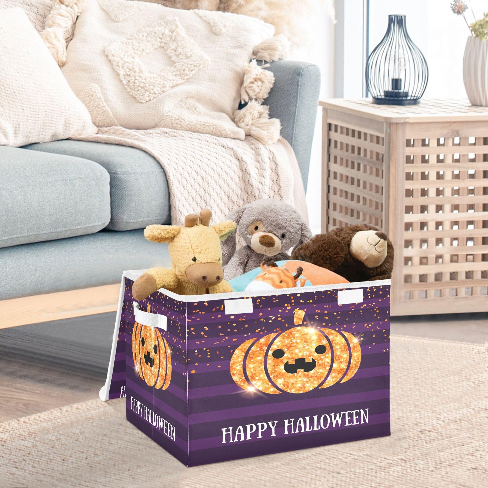 Krafig Halloween Pumpkin Decorative Storage Box with Lid Large Bins Baskets Foldable Cube Organizer Collapsible Containers for Organizing, Toy, Home, Shelf, Closet