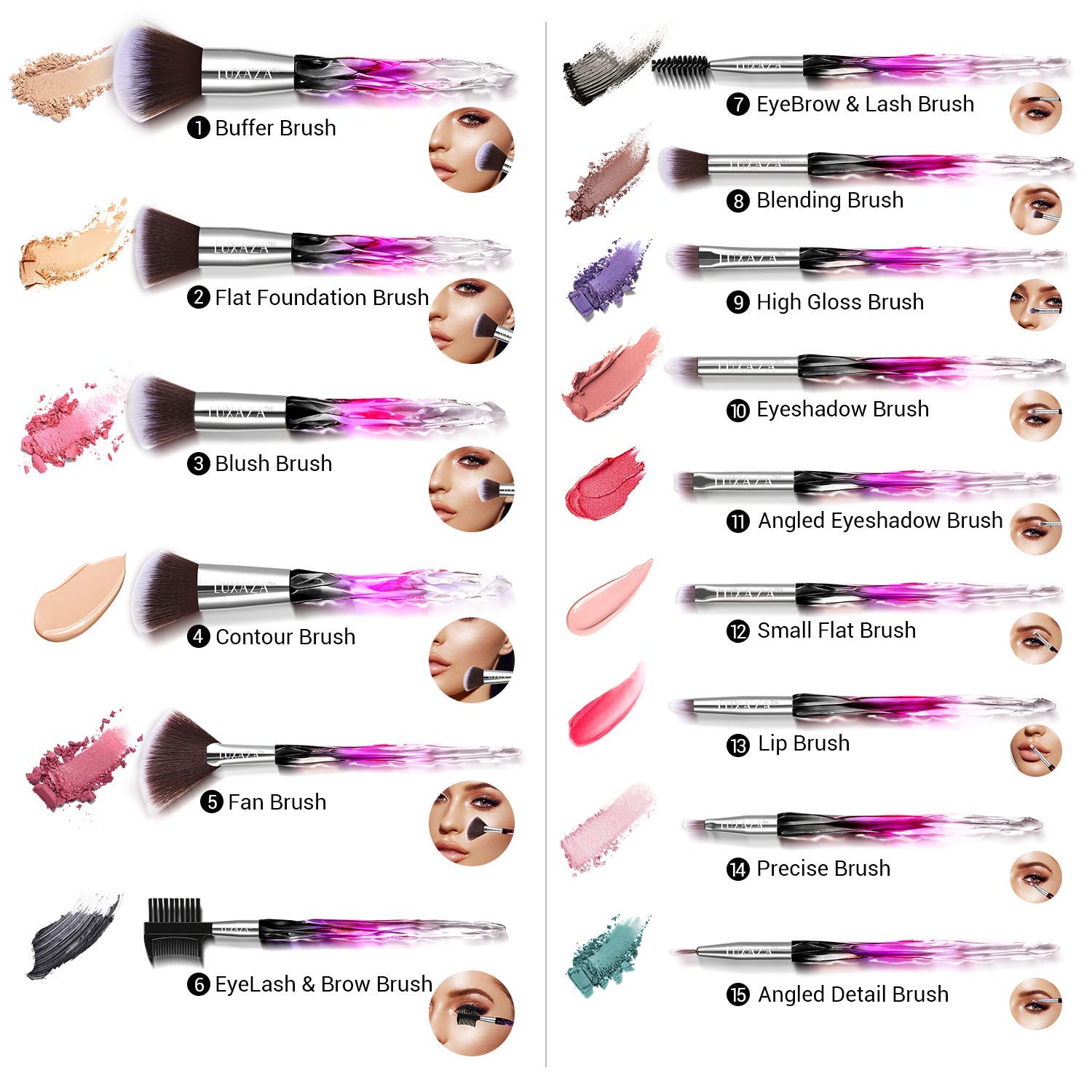 LUXAZA 15PCS Professional Makeup Brush Set,Sparkling Crystal Style Makeup Brushes Premium Synthetic Include Foundation,Eyeshadow,Contour Makeup Brushes kit for Women & Girls