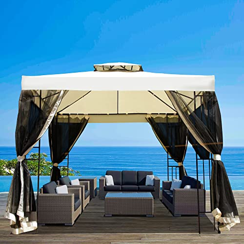 Tinkle Well 10x10FT Outdoor Gazebo Canopy with Mosquito Netting - Double Roof, High-Strength Steel Structure - Ideal for Party, Wedding, BBQ - Garden-Yard Canopy Tent, Beige