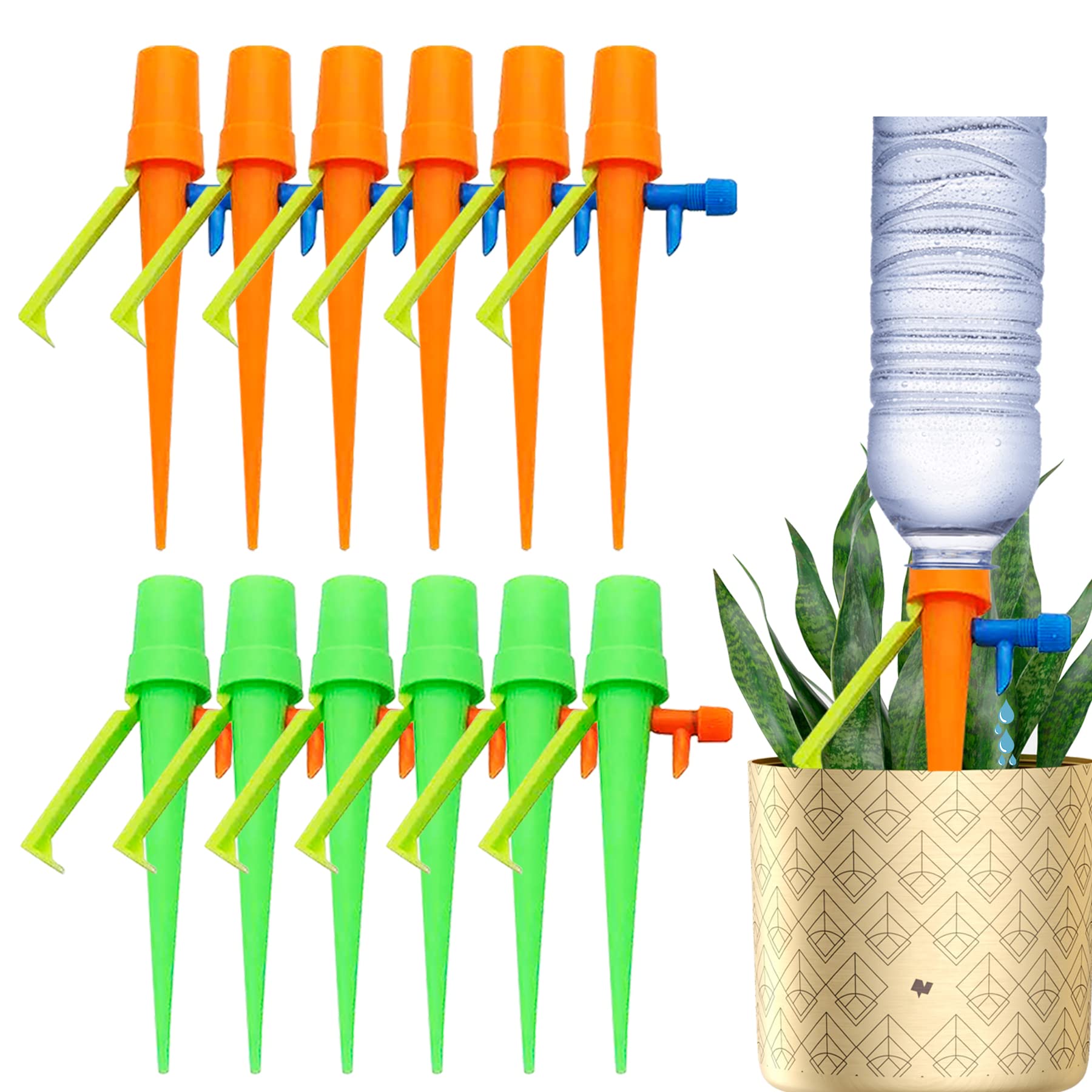 Self Watering Planter Insert for Outdoor and Indoor Plants (12 Pcs) - Self Watering Spikes with Automatic Watering Device for Vacation Plants - Potted Plant Waterer, Orange/Green