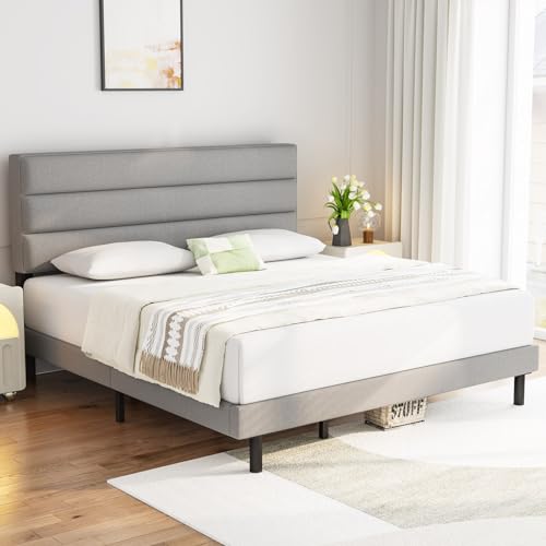 IYEE NATURE Queen Bed with Headboard,Sturdy Platform Bed with Wooden Slats Support,No Box Spring,Mattress Foundation,Easy Assembly,Grey