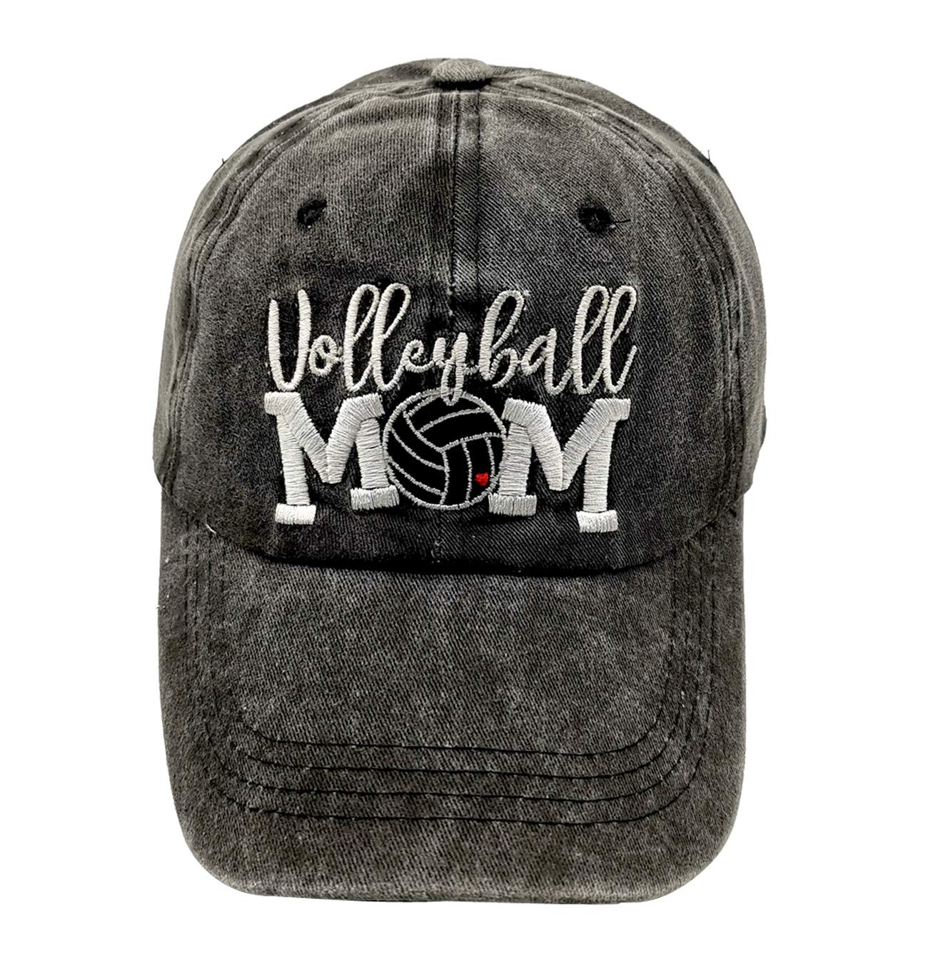 LOKIDVE Embroidered Volleyball Mom Ponytail Hat Distressed Cotton Baseball Cap for Women