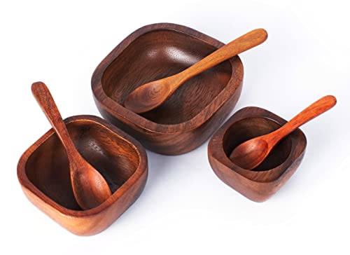 Tiny Acacia Wood Nesting Square Set 3 Serving Bowl 3¾”, 2¾”, 2⅛” Small 3 Wooden Spoon Mix size Stackable little Dish for Prep Salt Pepper Mustard Wasabi Dip sauce Salsa Nut Tableware Wooden Nest Bowl