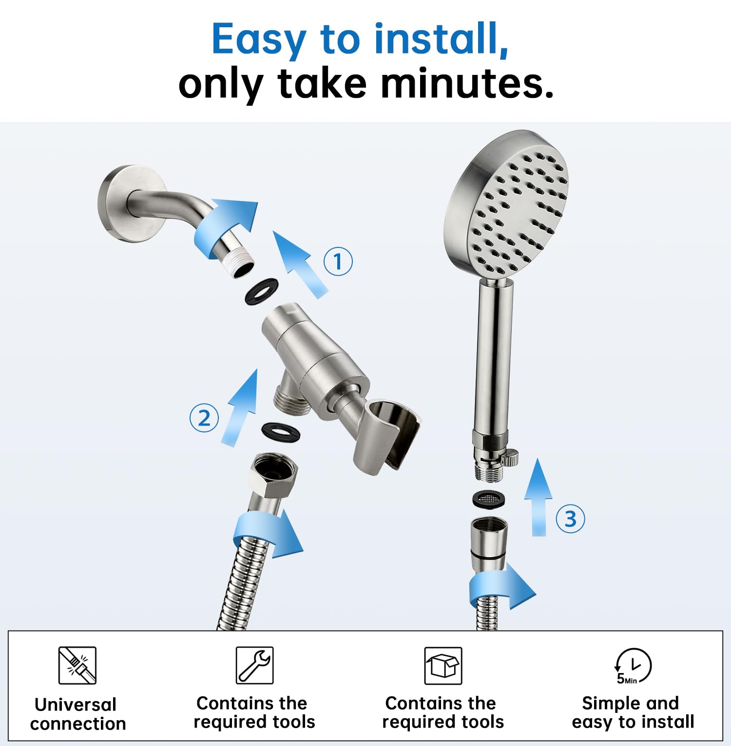 Solid Metal Brushed Nickel Handheld Shower Head With Extra Long Stainless Steel Hose & Brass Holder,Equipped with Flow Valve to Control Water Pressure, Hotel Quality