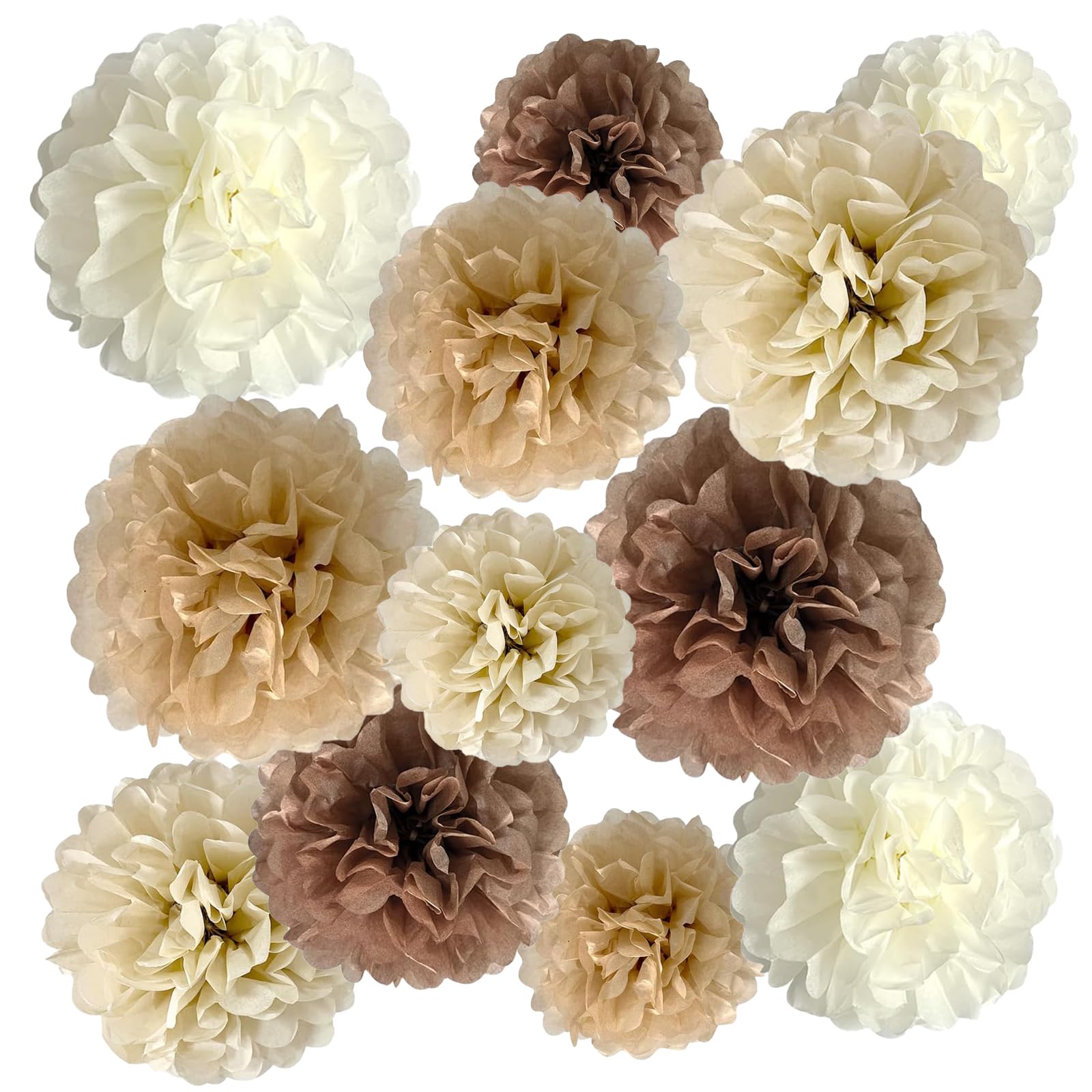 ZOOYOO Brown Paper Pom Poms, Caramel Party Decorations Boho Ivory Beige White Tissue Paper Pom Poms for Rustic Neutral Birthday Western Graduation Birthday Wedding Baby Shower 12PCS