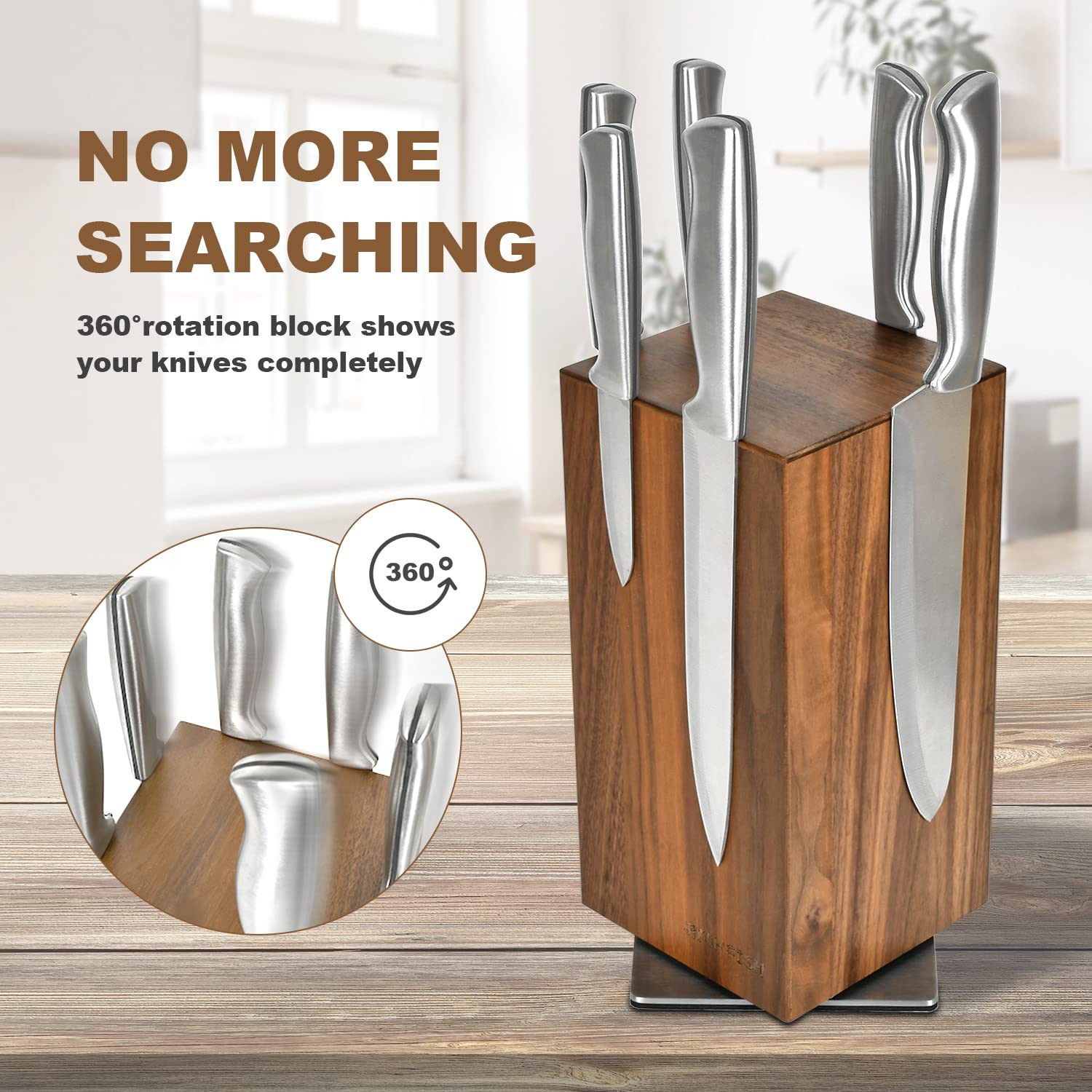 RICHFISH Magnetic Knife Block 360° Rotatable Knife Holder Magnetic Knife Strip Wooden Knife Block without Knives