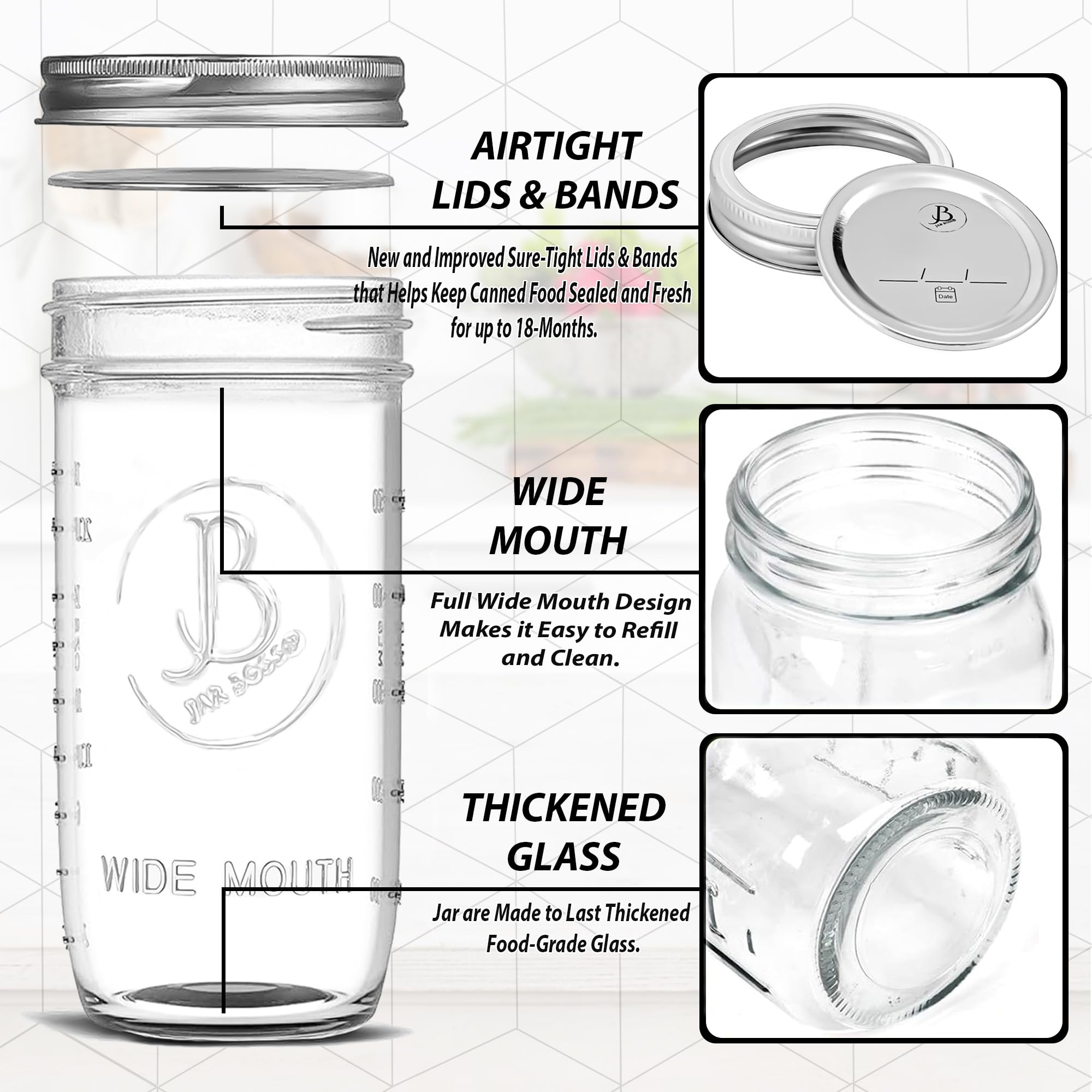 Wide Mouth Mason Jars 24 oz - (2 Pack) - Clear Glass Pint and a Half Mason Jars With Airtight Lids and Bands. For Storage, Canning, Fermenting, Cold Brew Coffee, Freezing, Microwave & Dishwasher Safe