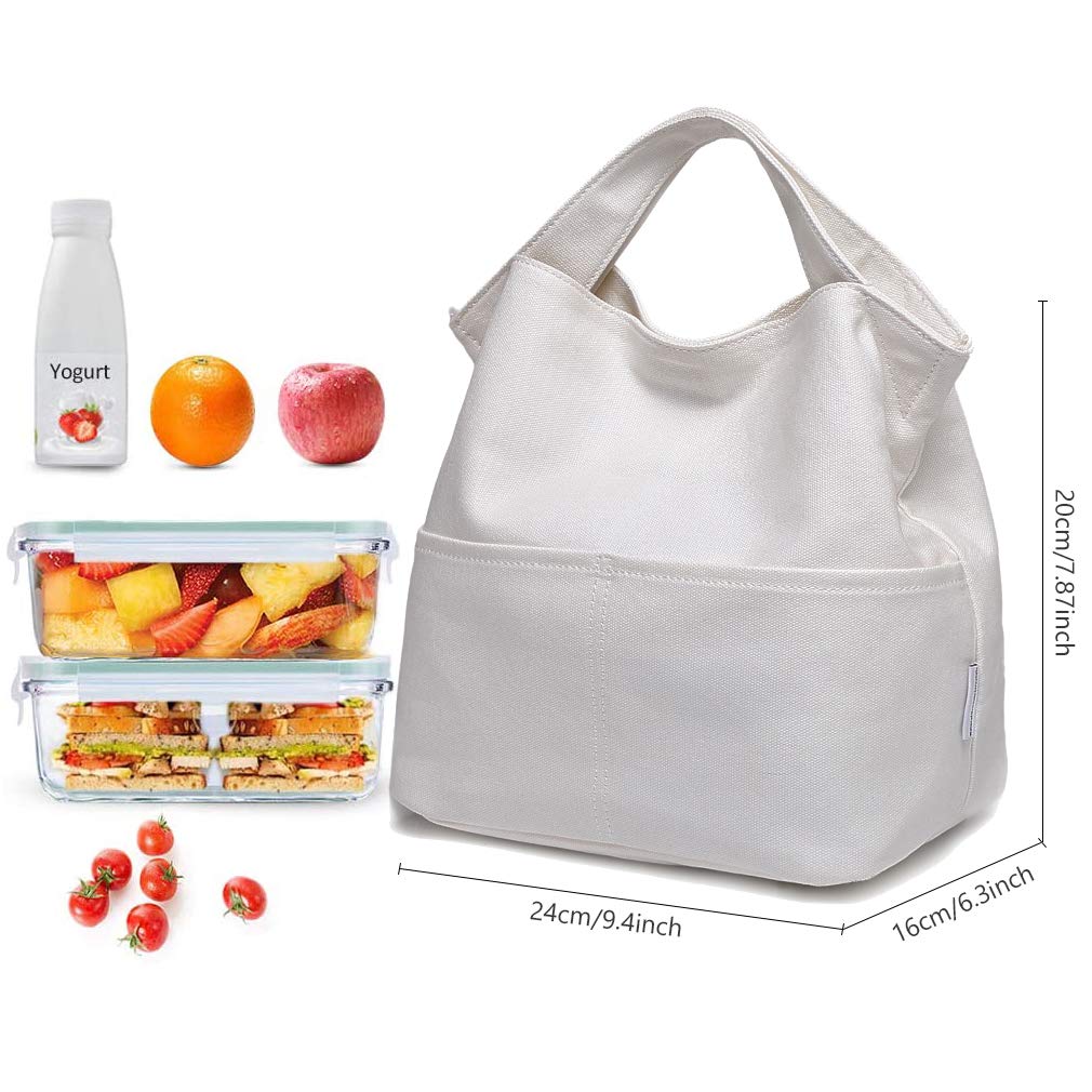 NOL Natural Organic Lifestyle Reusable Lunch Bag for Women Girls Small Top Hidden Handle Waterproof Oiled Cotton Tote Bag White