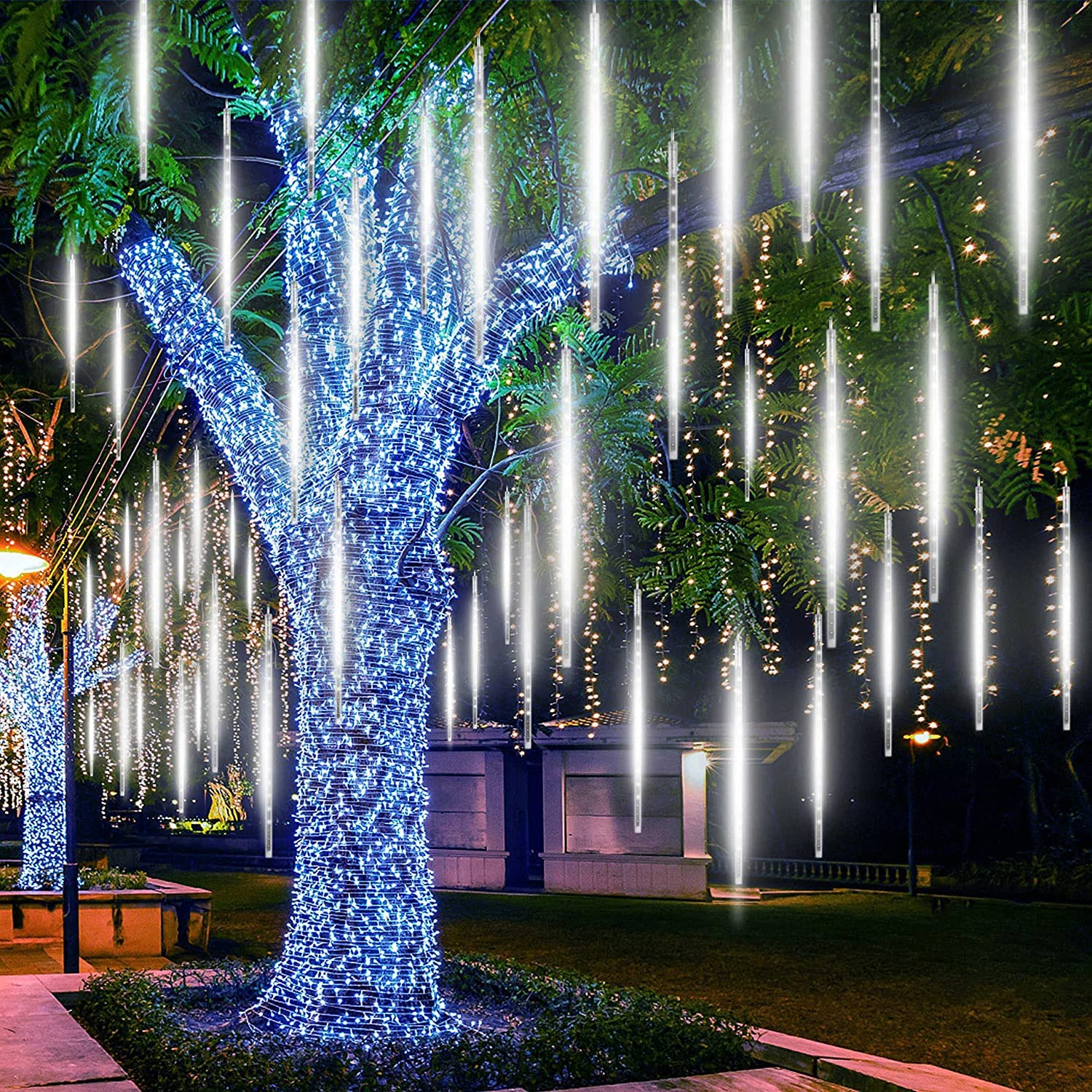 LED Christmas Lights, LED Meteor Shower Rain Lights White 8 Tubes 192 LEDs Waterproof Snow Falling Raindrop Icicle Garden Light for Christmas Tree Halloween Decoration Holiday Party Wedding (White)