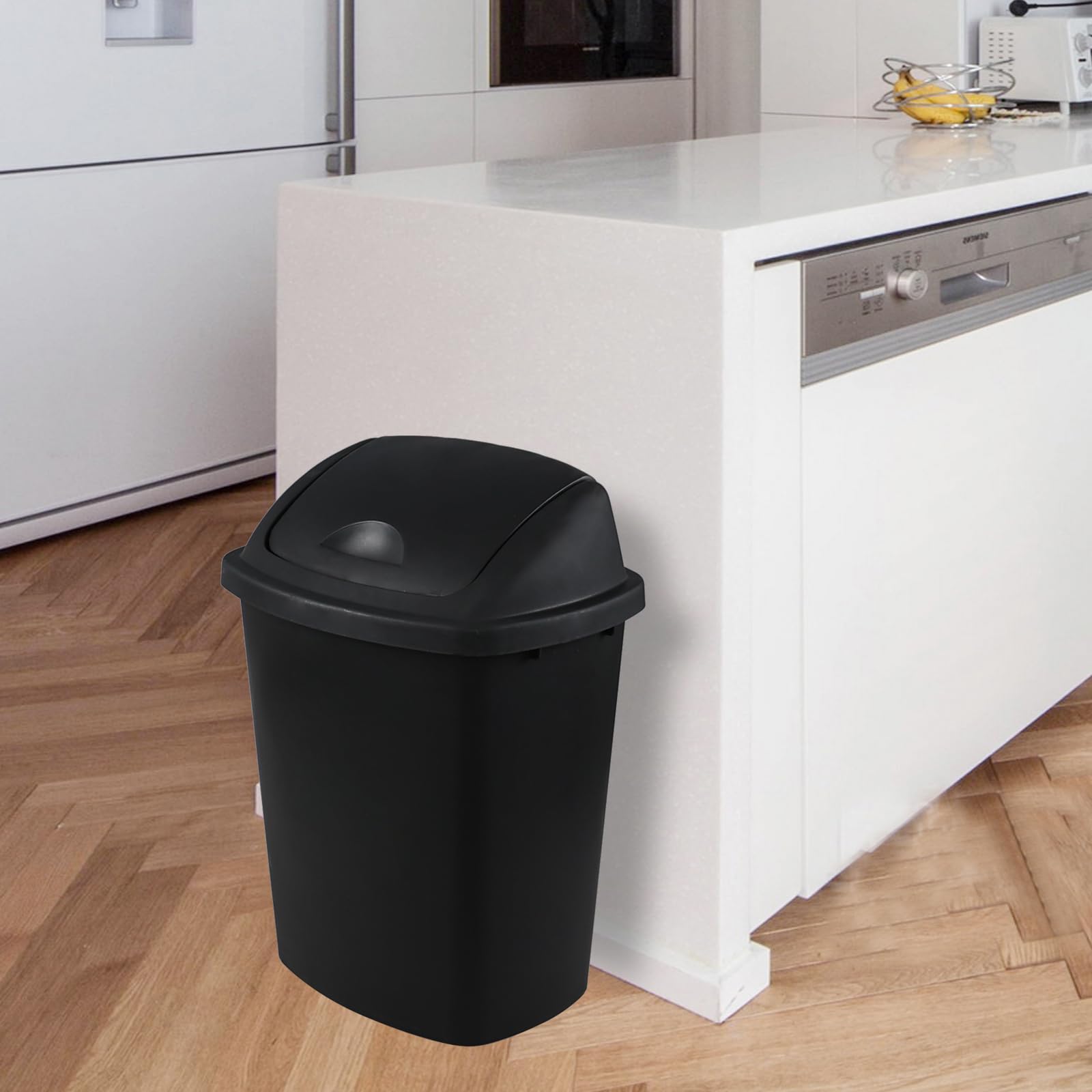 Zopnny 8 Gallon Plastic Swing Top Garag Bin, Lidded Wastebasket Trash Can for Kitchen or Workspace, Set of 4, Black