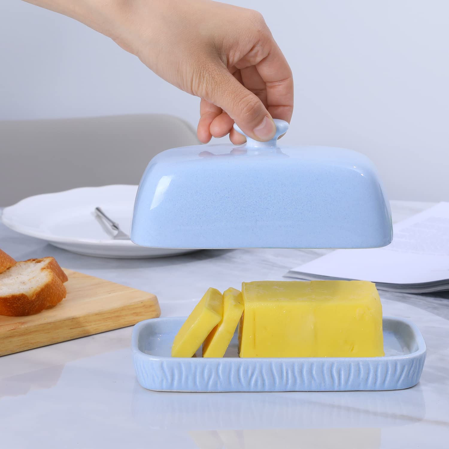 MyGift Sky Blue Ceramic Butter Dish with Lid, Butter Keeper Holder with Raised Sides and Etched Design, Rectangular East Coast Butter Stick Margarine Tray with Cover