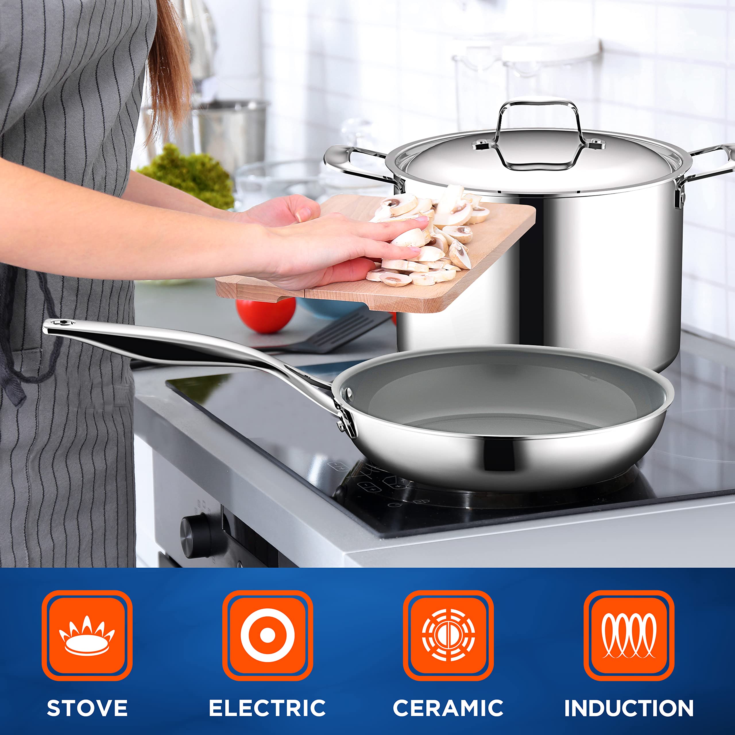NutriChefKitchen Kitchenware Pots & Pans Set-12-Piece Set Clad Kitchen Cookware w/Steel Handles,Fry Pan Interior Coated w/Prestige Ceramic Non-Stick Coating,Stylish Kitchen Cookware,one size,NCSSX45