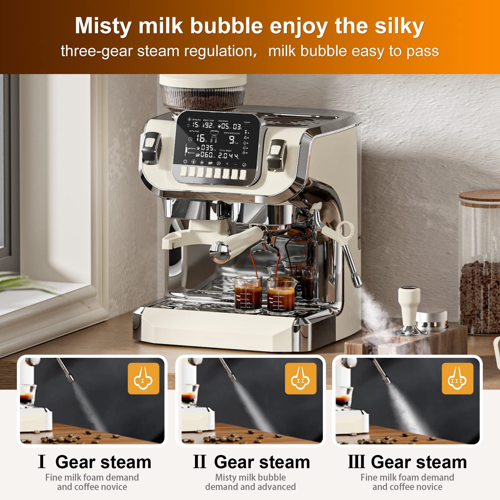 Mcilpoog TC520 Espresso Machine with Milk Frother,Semi Automatic Coffee Machine with Grinder,Easy To Use Espresso Coffee Maker with 6 inch Large Screen,15 Bar Pressure Pump,PID Temperature Control.