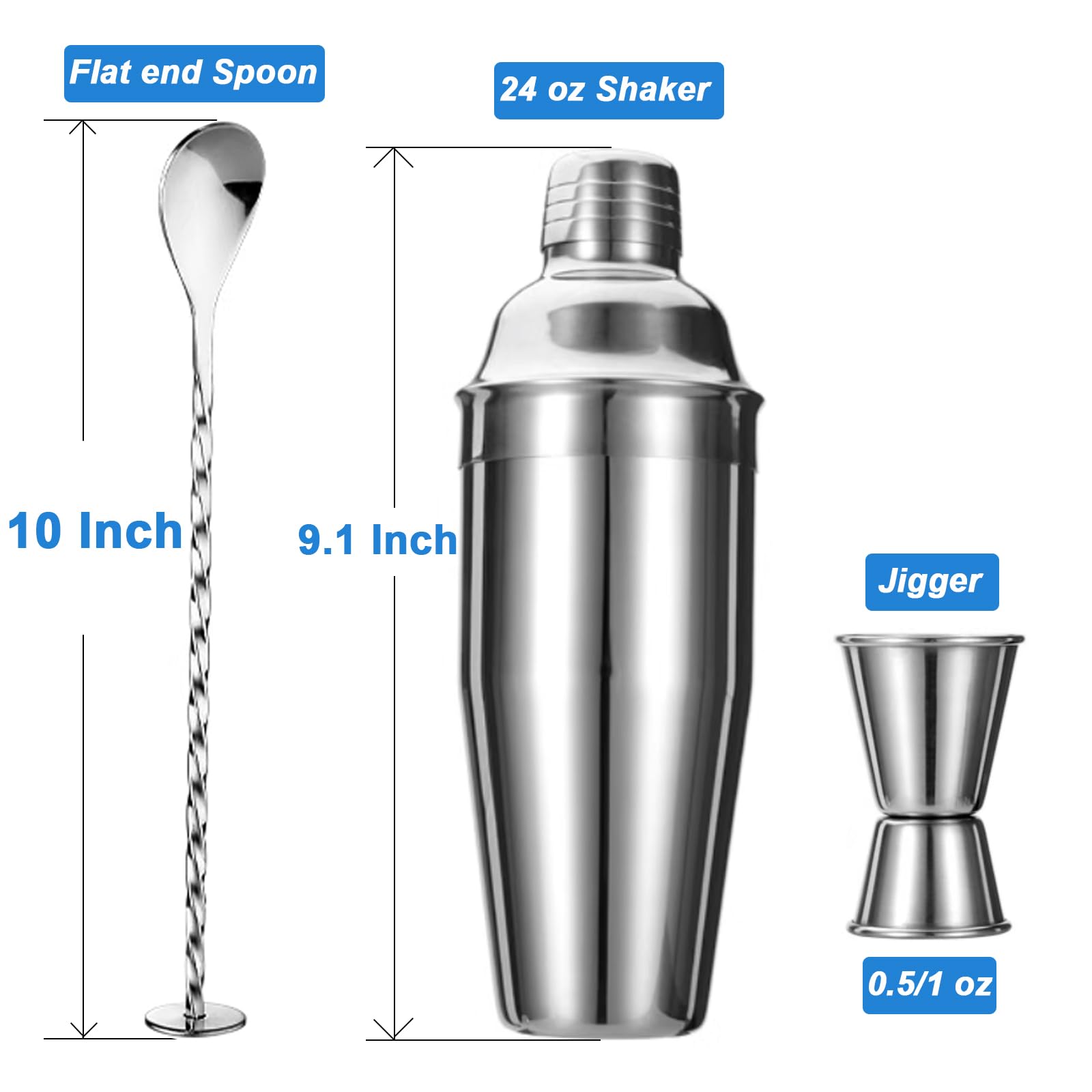 ZPUFAW 5-Piece Cocktail Shaker Set 24oz Shaker Strainer Jigger T-Mixing Spoon Pour Spout Bartender Kit Stainless Steel Bar Set Housewarming Gift