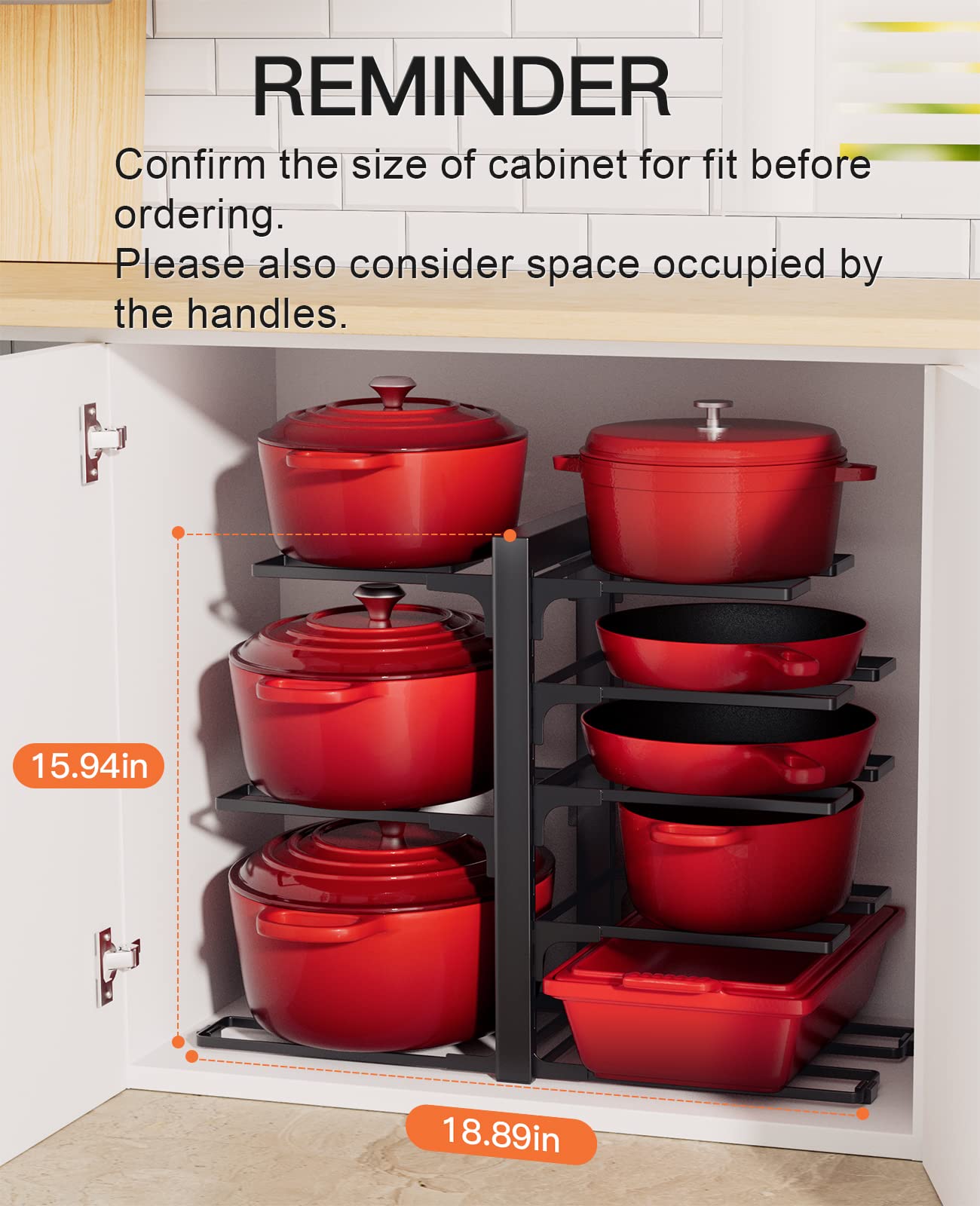 ORDORA Pots and Pans Organizer: Rack for Cabinet, 8-Tier Heavy Duty 120LBS Pots Pans Organizer Rack under Cabinet Adjustable for Dutch Ovens, Cast-iron Pans, Heavy Skillets Griddles, Shallow Pots
