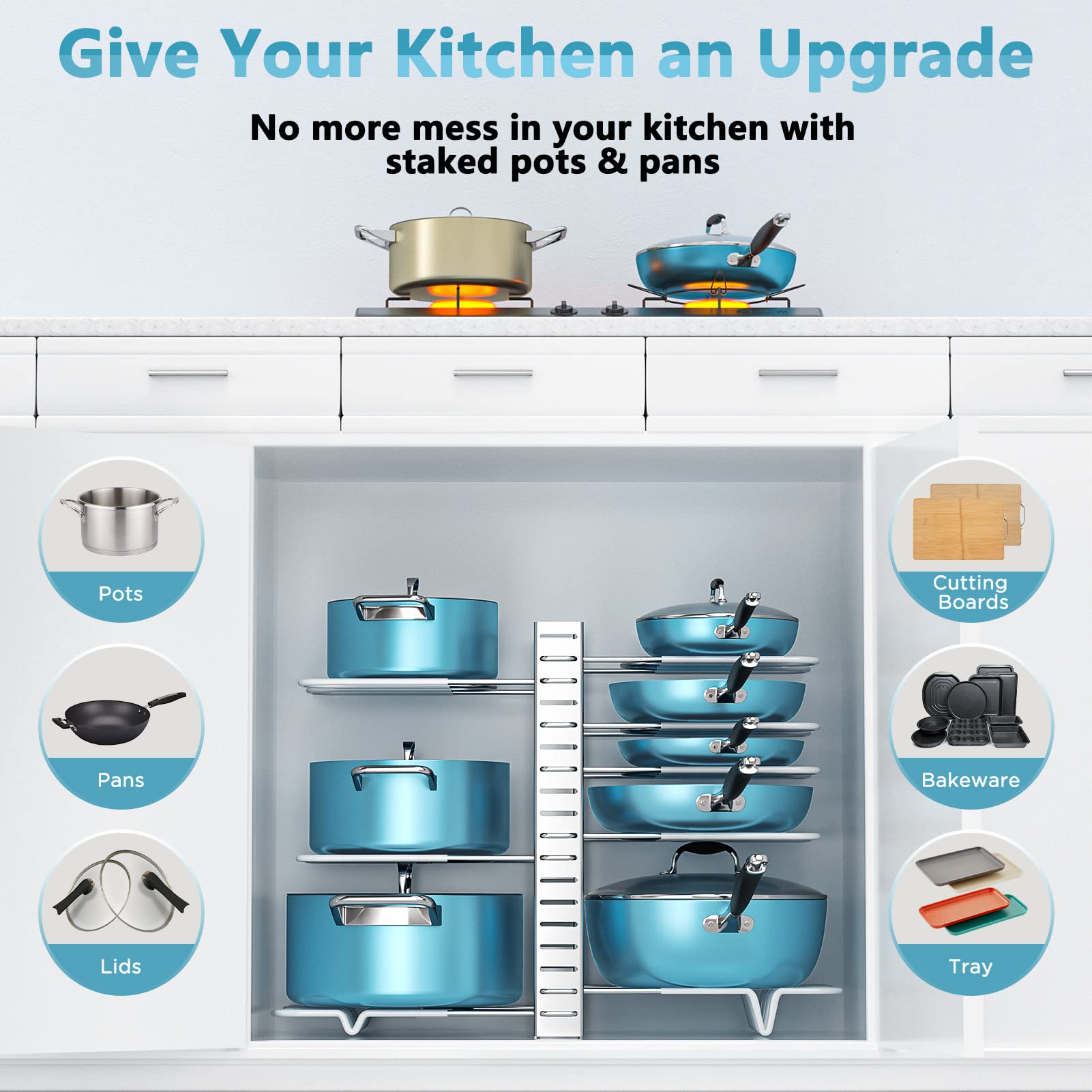 ORDORA Pots and Pans Organizer for Cabinet, 8-Tier Heavy Duty 120LBS Pots Pans Organizer Rack under Cabinet