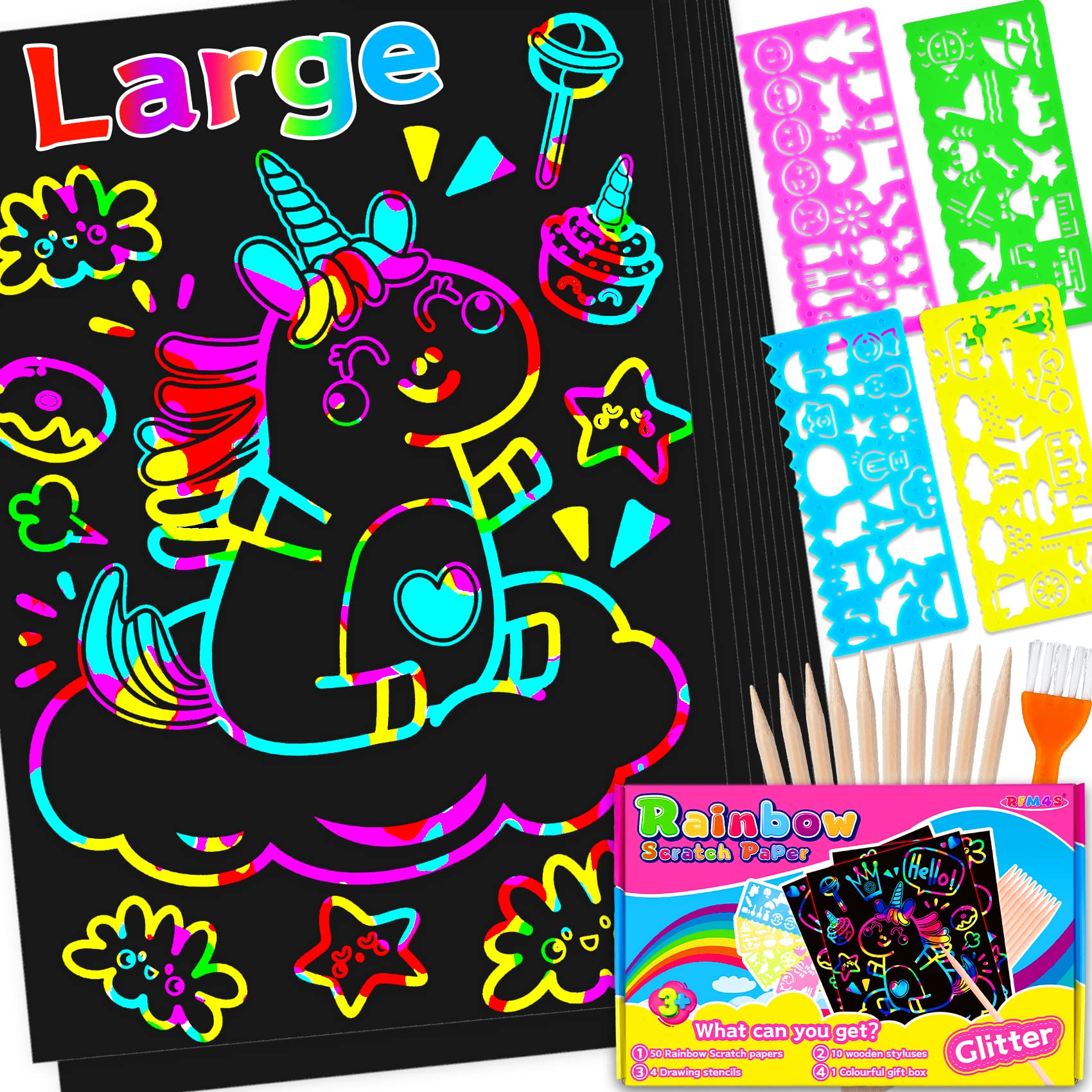 RFM4S Rainbow Scratch Paper, for Kids, 65 Pcs 9.5 x 6.7 Large Sparkle Thick Black Rainbow Scratch Art Paper for Kids:Scratch Arts & Crafts for Kids Activity Birthday Party