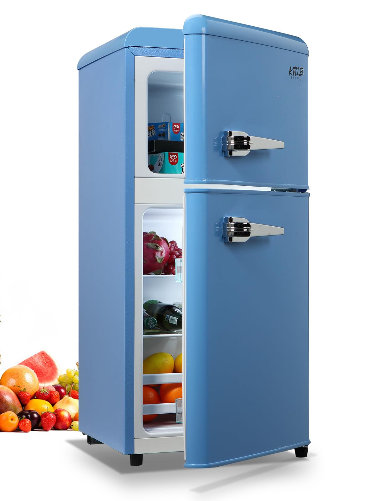 KRIB BLING Mini Fridge With Freezer,3.5 Cu. Ft Compact Refrigerator With 2 Doors,7- Level Adjustable Thermostat, Removable Glass Shelves For Bedroom, Office, Kitchen, Apartment, Dorm, Blue