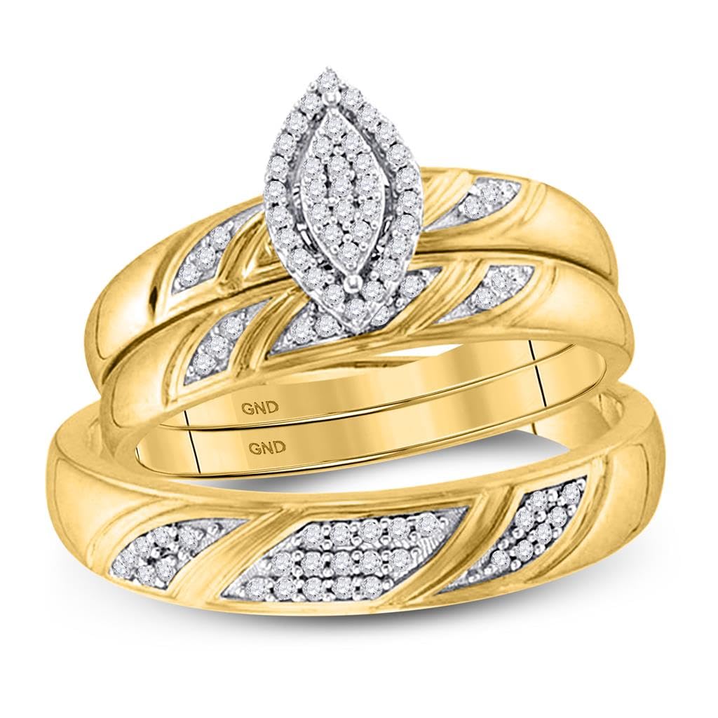 Jewels By Lux 10K Yellow Gold Diamond His & Hers Matching Trio Wedding Engagement Bridal Ring Set 1/4 Cttw Size 6 Womens and Size 10 Mens