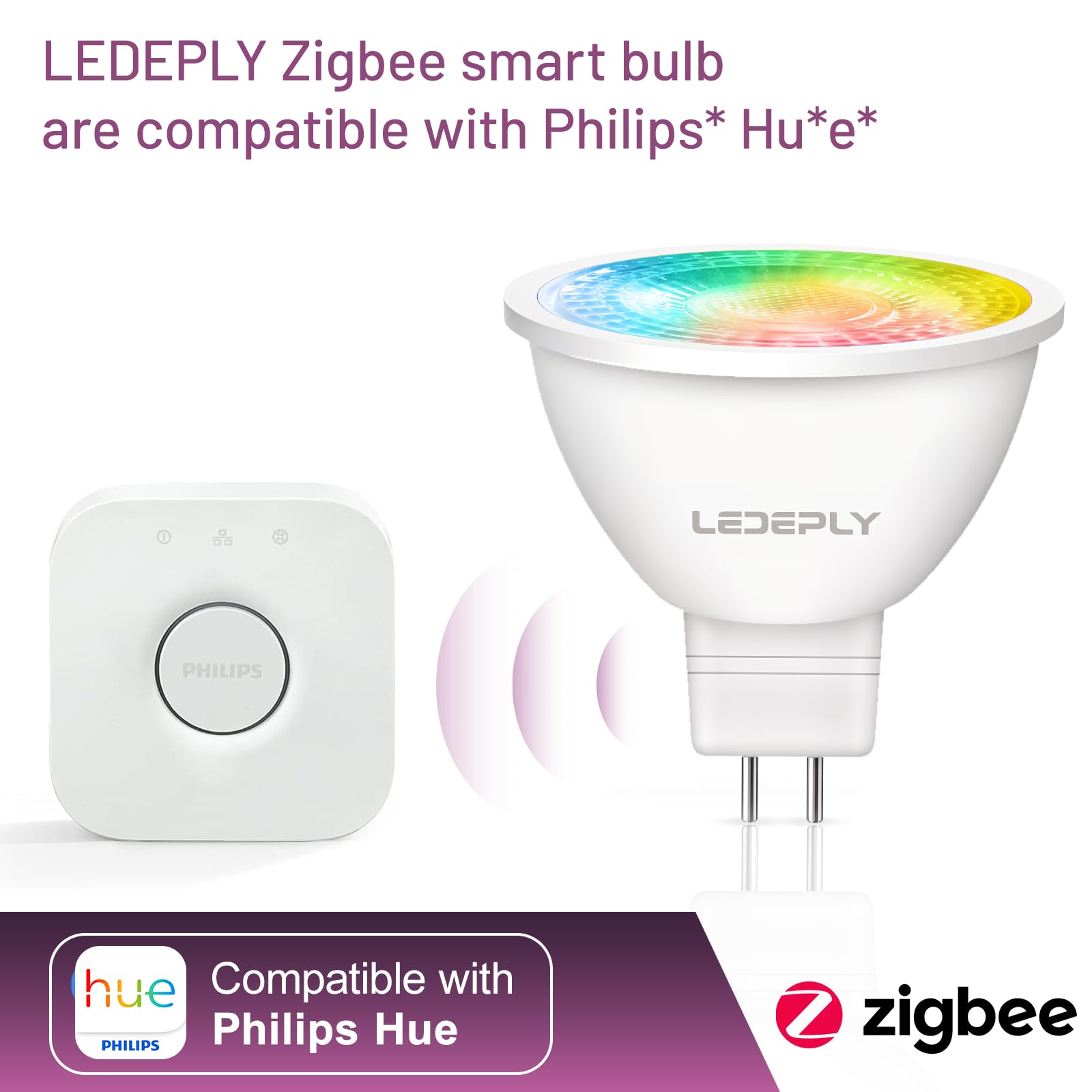 Zigbee MR16 LED Smart Bulb, Hub Required, Compatible with Phi*Lip*s Hu*e*, Alexa, Google, & ConBee, 5W =50W, GU5.3, Dimmable, AC/DC 12V, Color Changing & Tunable White, 2-Pack