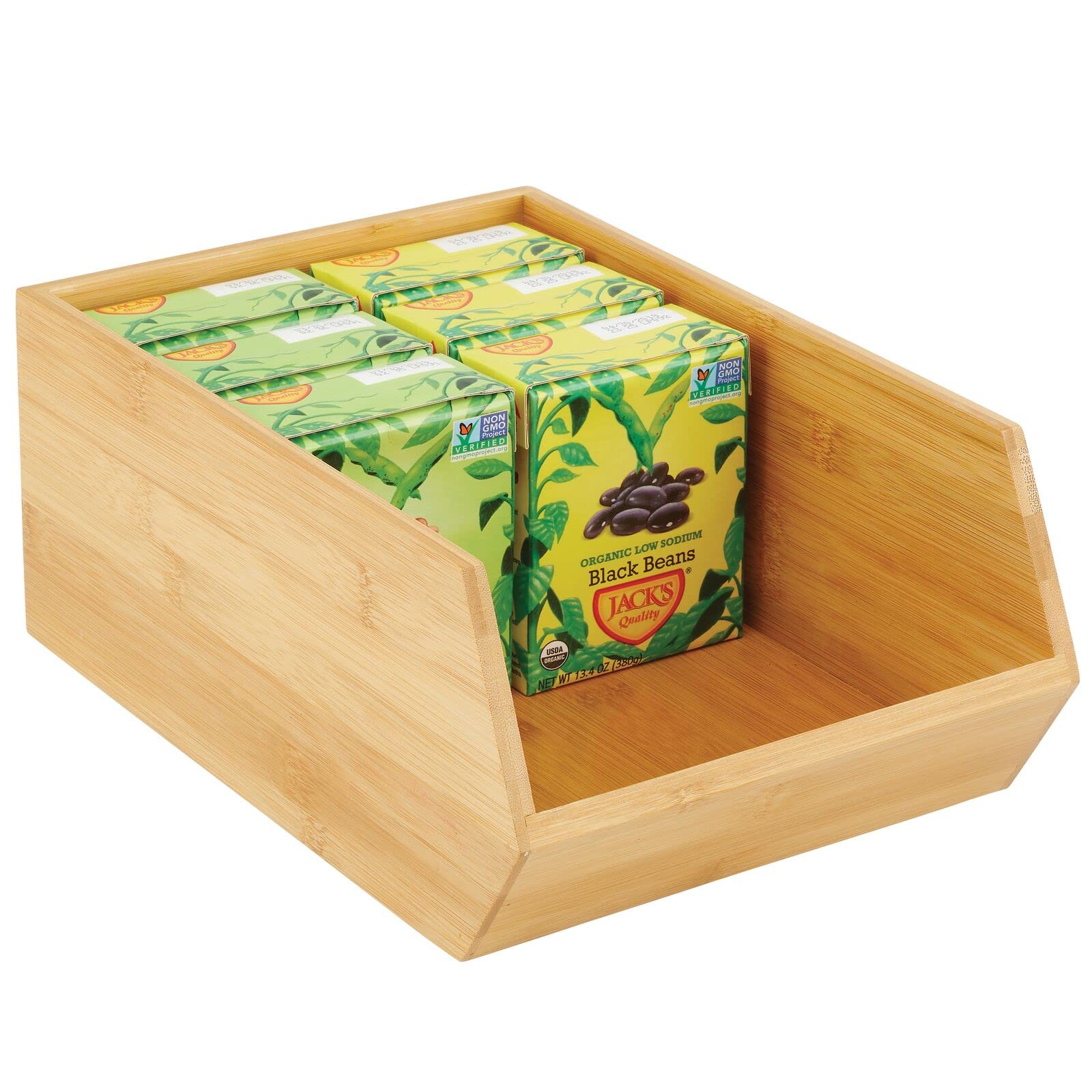 mDesign Bamboo Stackable Food Storage Organization Bin Basket - Wide Open Front for Kitchen Cabinets, Pantry, Offices, Closets, Holds Snacks, Dry Goods, Packets, Spices, Teas - Natural Wood