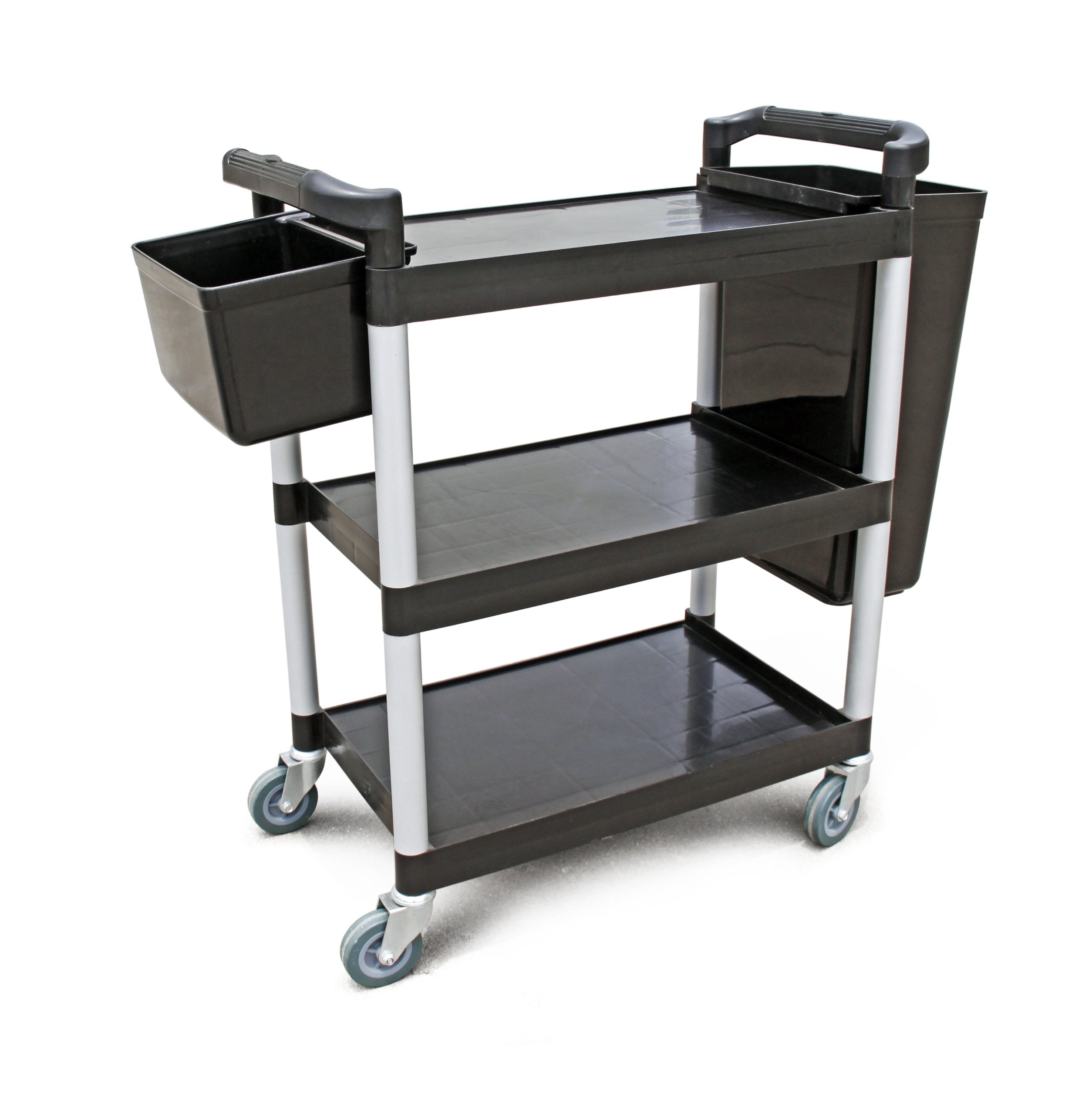 New Star Foodservice 54538 250-Pound Plastic 3-Tier Utility Bus Cart with Locking Casters, 32" x 16" x 38", Black