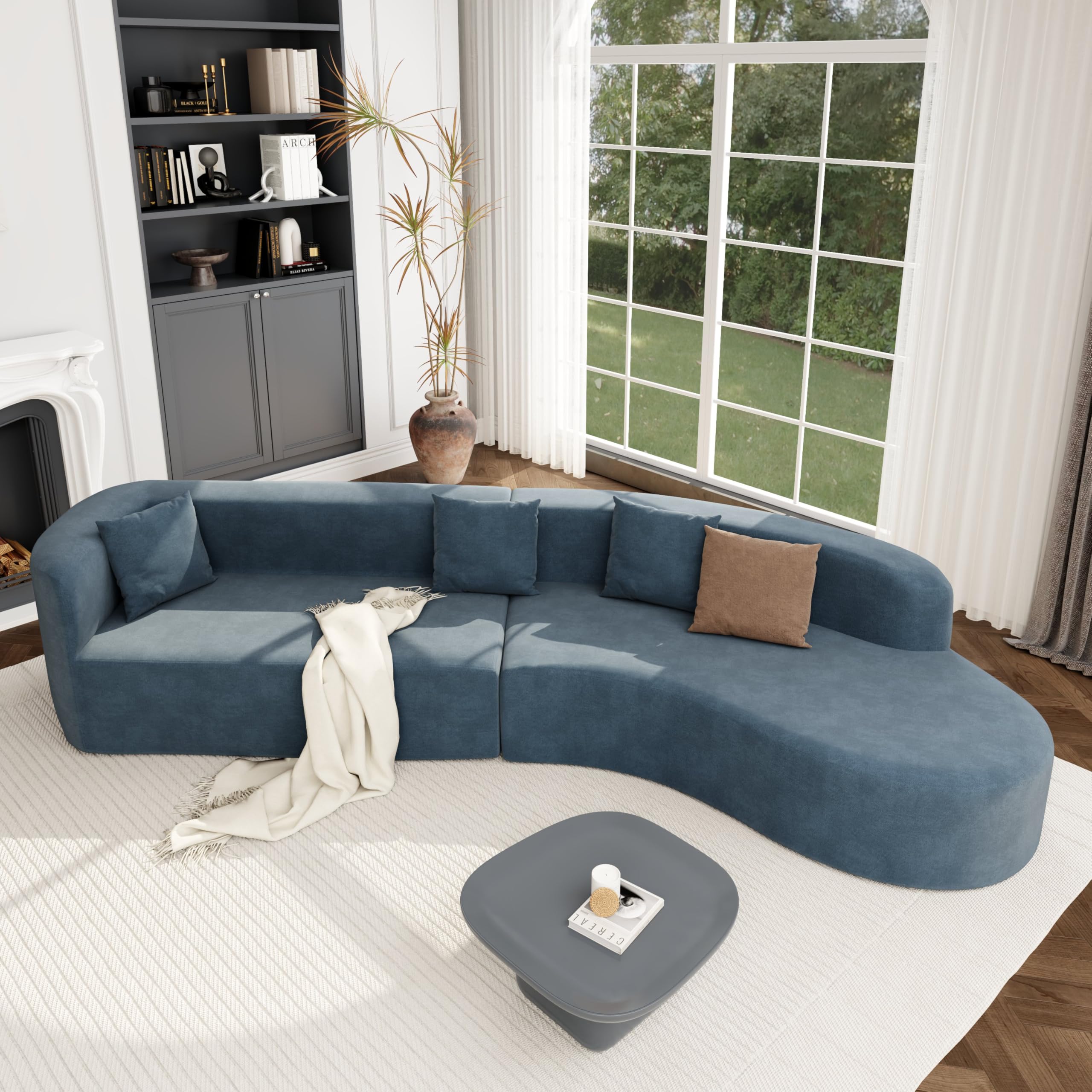 WILLIAMSPACE 126" Sectional Curved Sofa Couch, Modern Upholstery Cloud Couch with 3 Pillows, Floor Foam 5 Seater Sofa for Living Room Apartment, No Assembly, Chenille (Right-Facing, Beige)