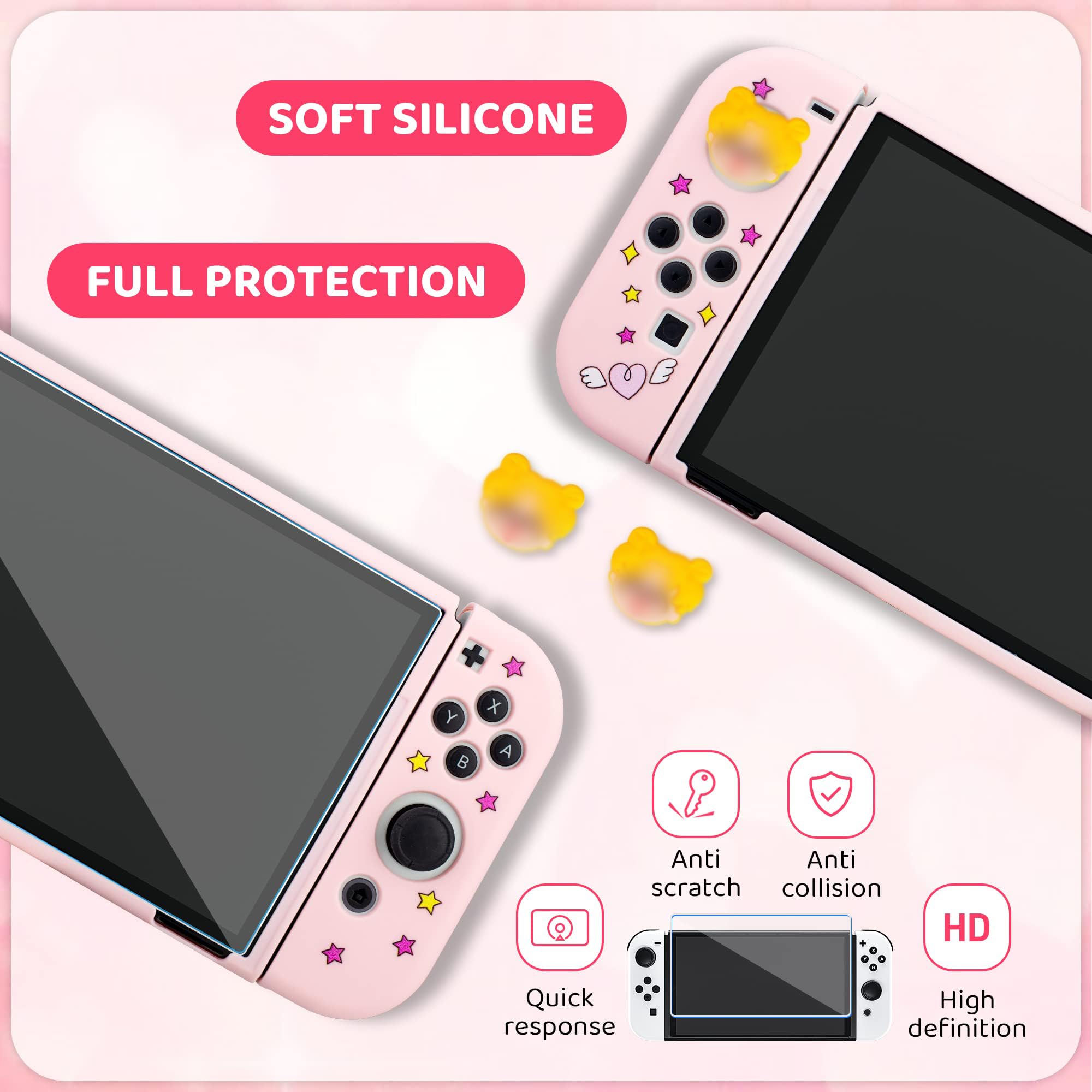 RHOTALL 6 in 1 Girl Carrying Case Set for Nintendo Switch OLED, Cute Accessories Kit for Switch OLED with Protective Case Cover, Screen Protector, Adjustable Shoulder Strap and 2 Thumb Cap