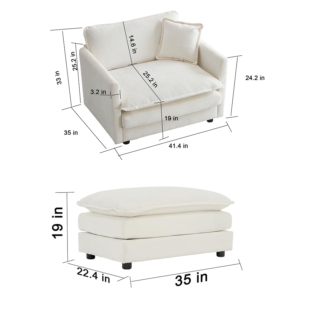 WILLIAMSPACE 41" Single Sofa Chair with Moveable Ottoman, Modern Upholstered Armchair with 1 Toss Pillow, Accent Chair for Living Room Deep Seat Reading Sofa for Bedroom, Chenille (Cream White)