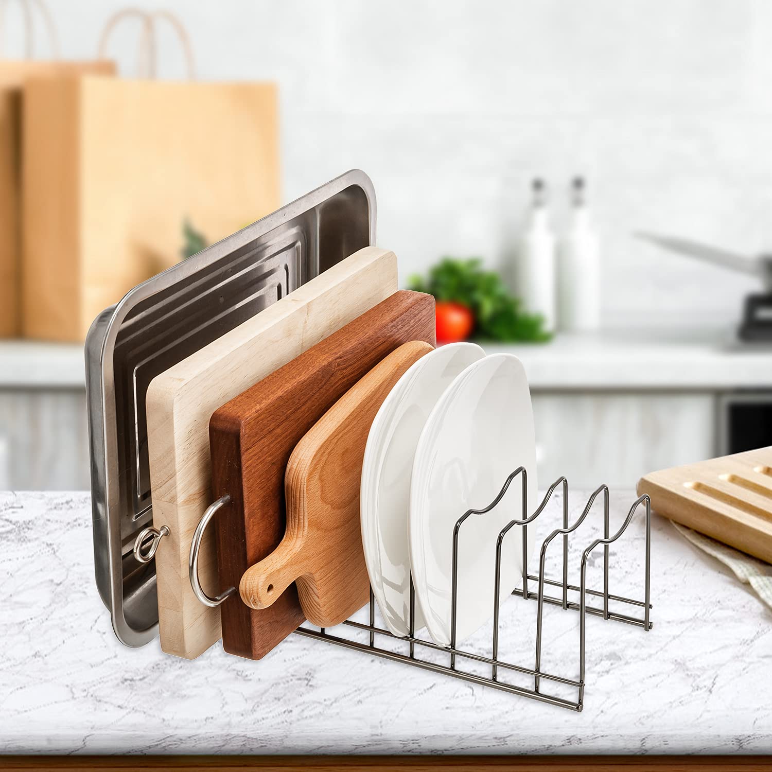 lonpute Pot Lid Organizer, Pot Lid Rack Holder, Rest Cutting Board, Bakeware, Pots & Pans, Serving Trays, Reusable Containers in Cabinet Pantry, Stainless Steel