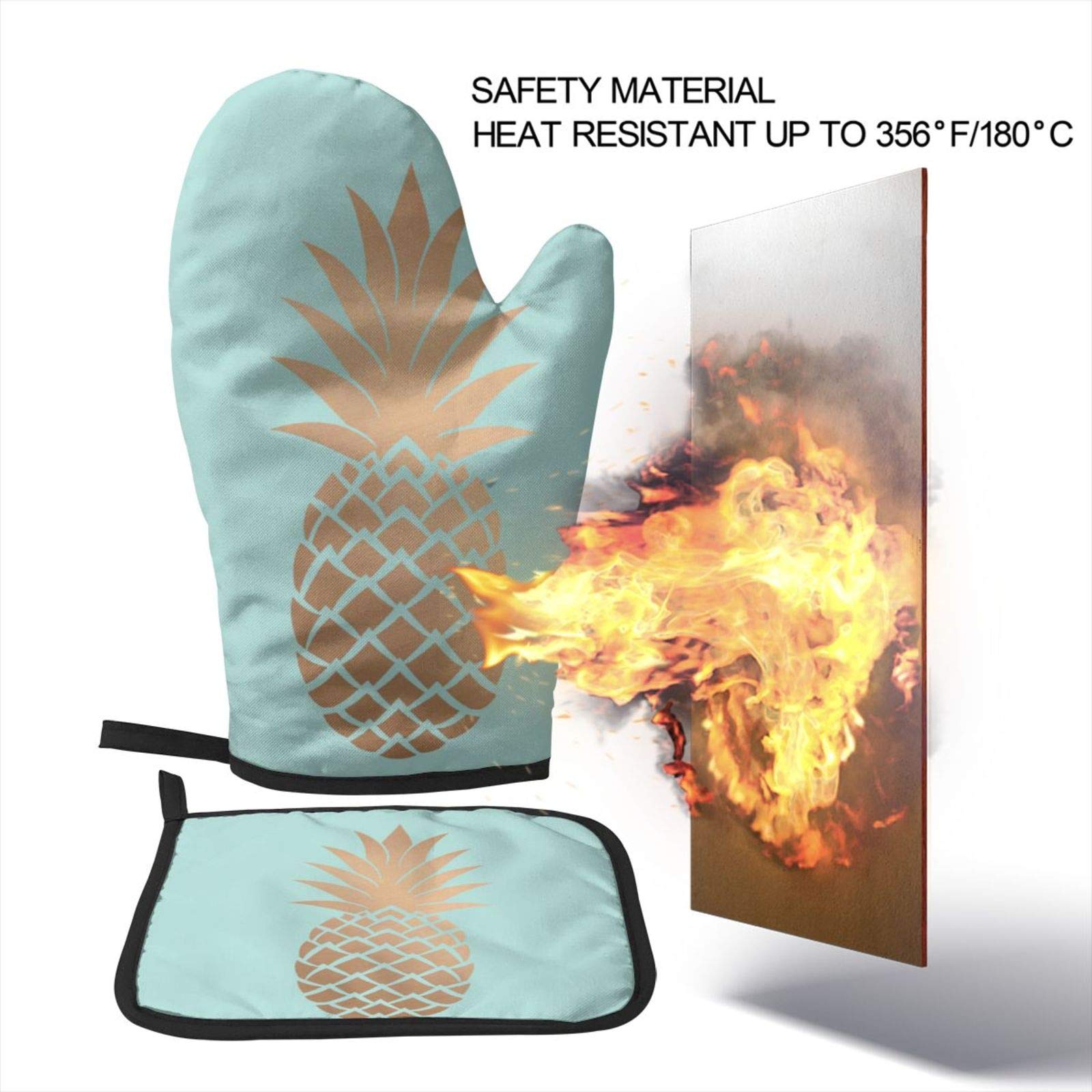 MSGUIDE Gold Pineapple Mint Green Oven Mitts and Pot Holders, 356℉ Heat Resistant Oven Gloves Soft Cotton Lining Gloves for Kitchen, Cooking, Baking, Grilling, BBQ