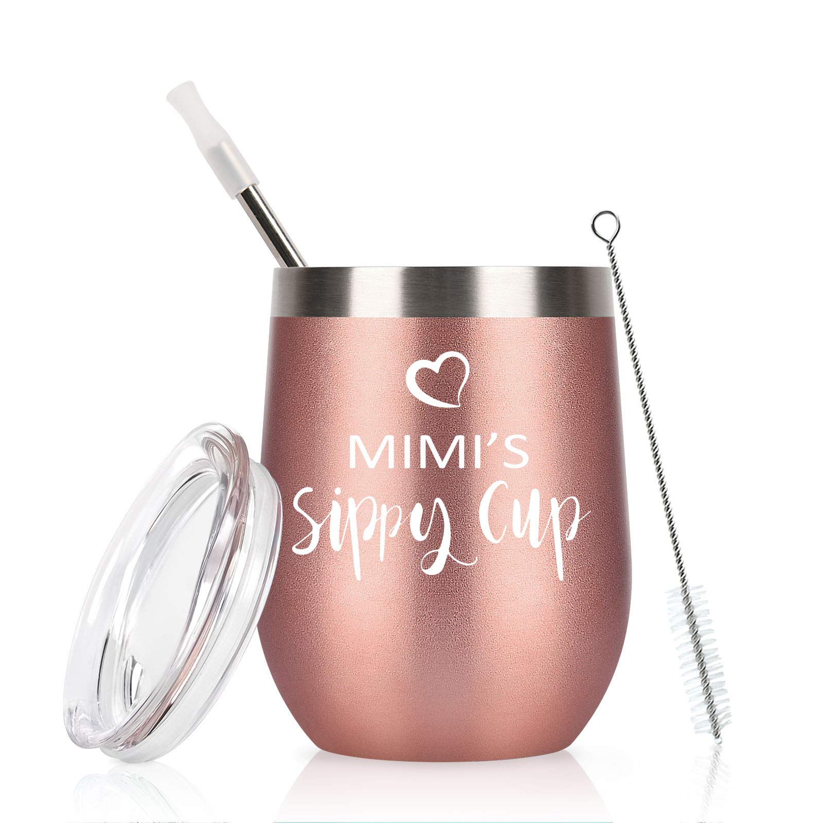 Mimi Gifts for Grandma, Mimi’s Sippy Cup Wine Tumbler with Lid and Straw, Funny Birthday Christmas Gifts for New Grandma, Mimi, Grandmother, Mom, 12 Oz Insulated Stainless Steel Tumbler, Rose Gold